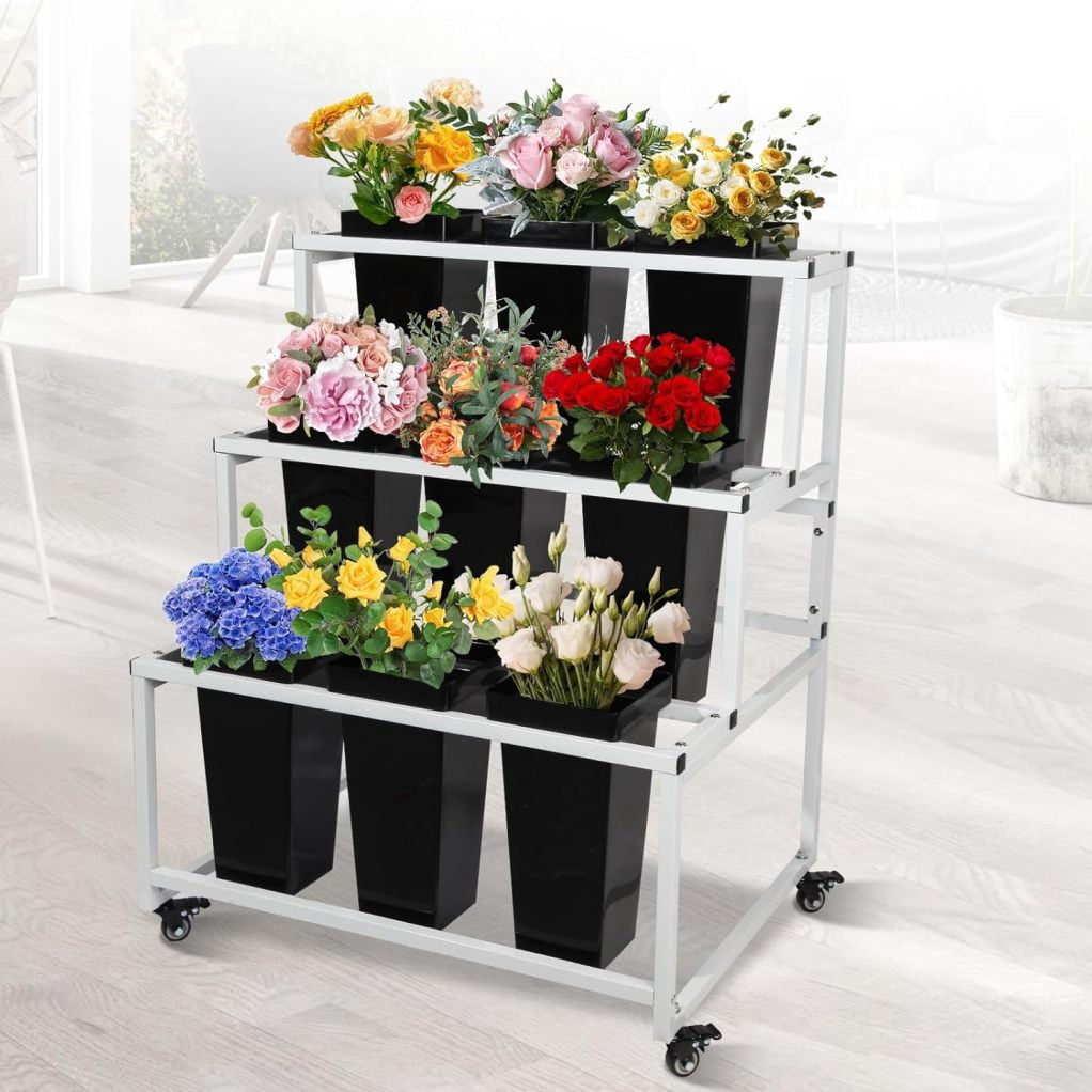 Flower Display Stand with 9 Pieces Buckets, 3 Tiers Metal Mobile ...