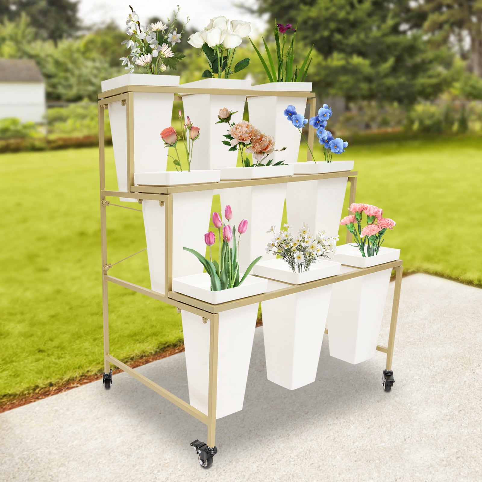 Flower Display Stand with 9PCS White Square Buckets 3 Layers with ...