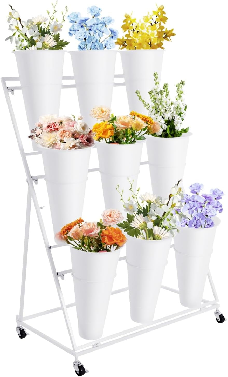 Flower Display Stand with 9pcs Plastic Buckets, 3 Layers Heavy Duty ...