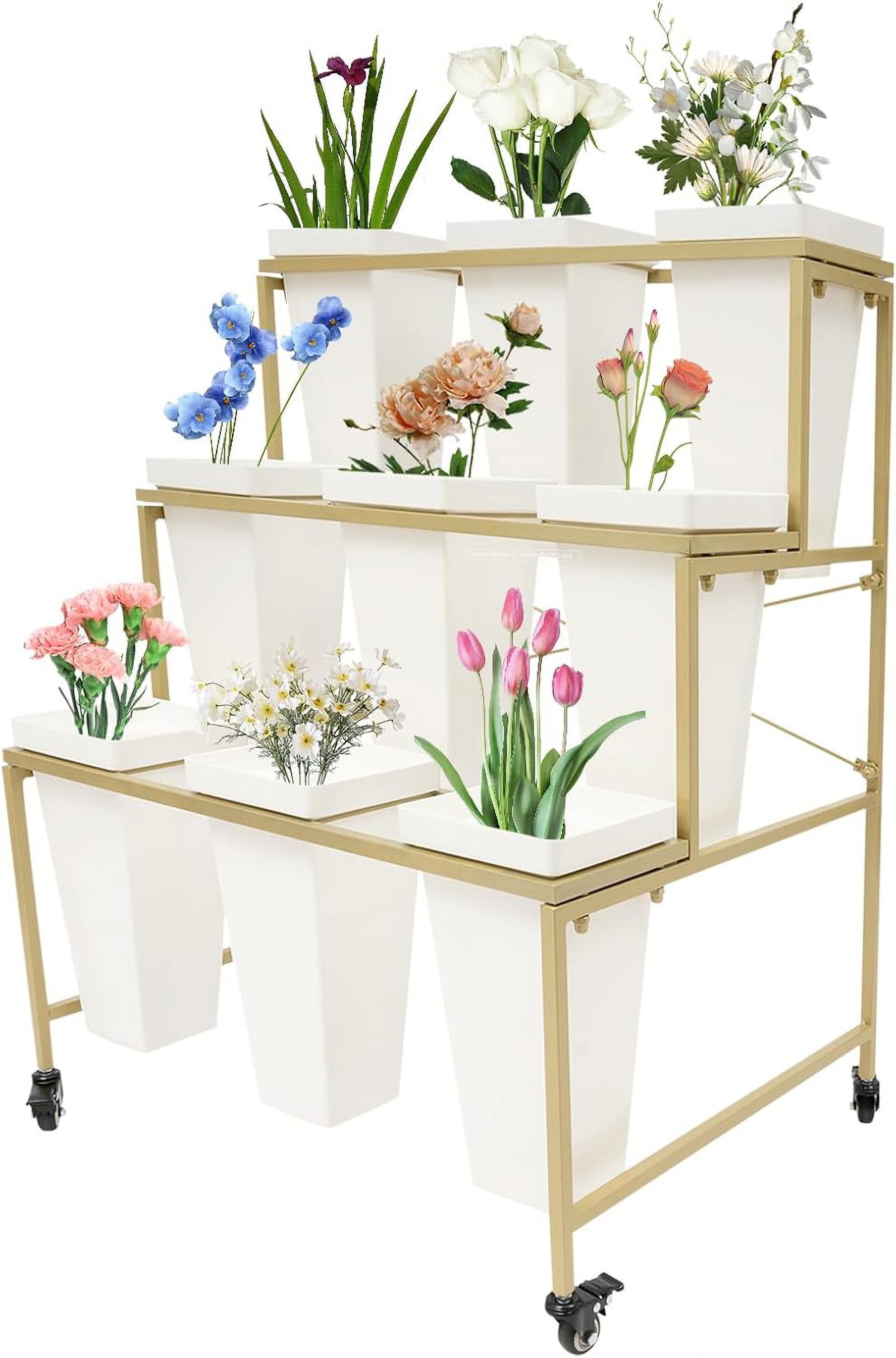 Flower Display Stand with 9pcs Plastic Buckets, 3 Layers Heavy Duty ...