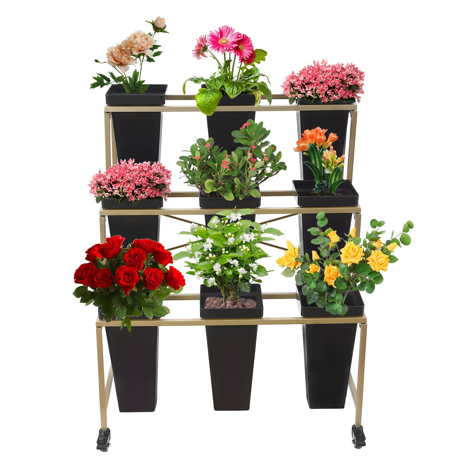 Flower Display Stand with 9pcs Square Buckets, 3 Layers Metal Plant ...
