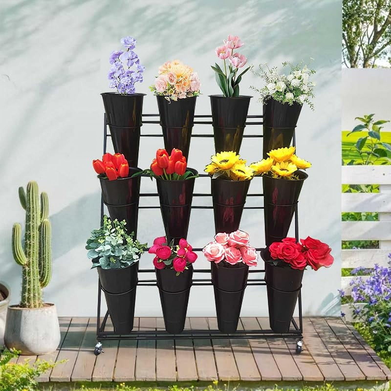 Flower Display Stand with Buckets, 12 Buckets 3-Layer Flower Stand with ...