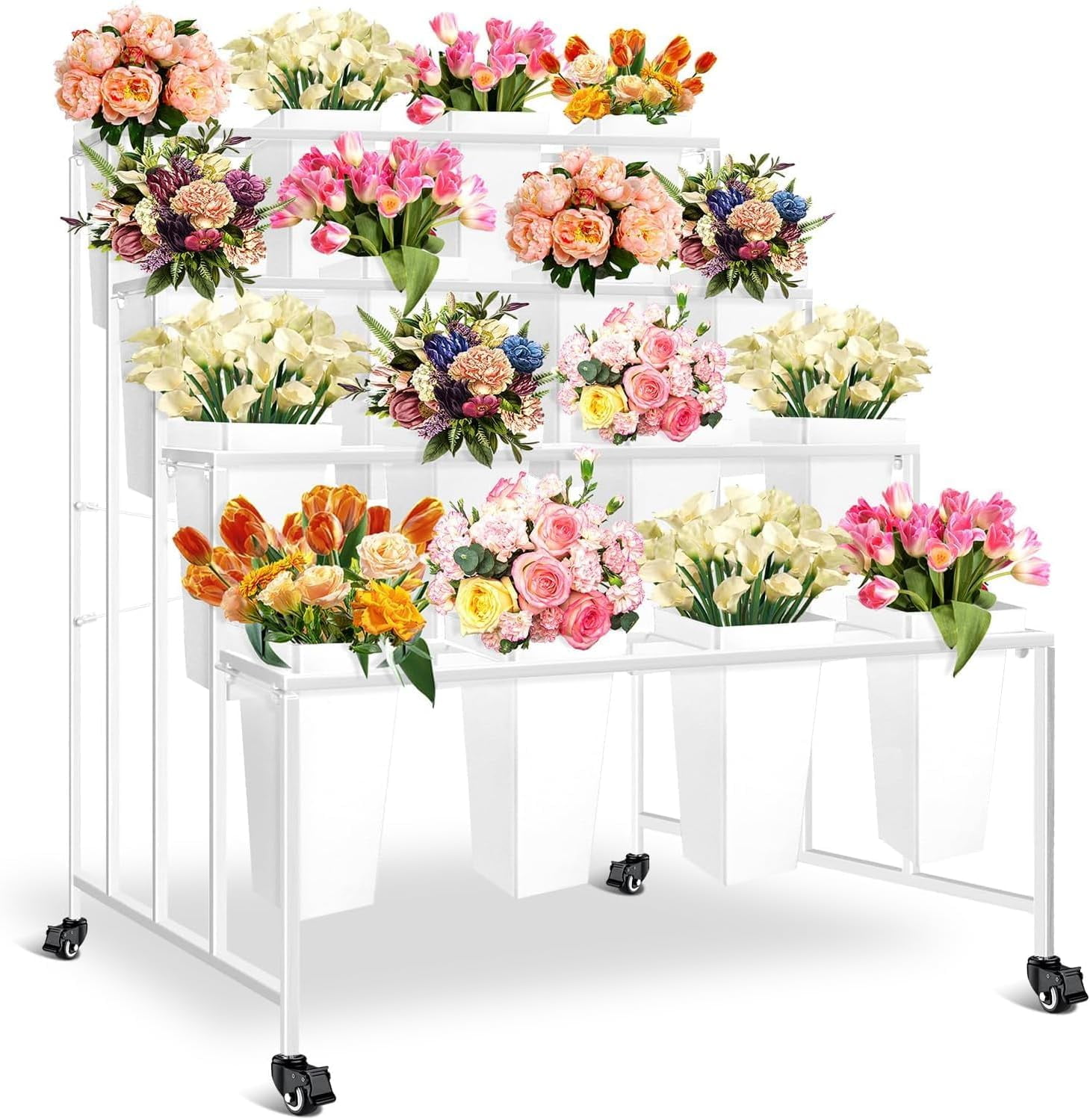 Flower Display Stand with Buckets, 4 Layers 16PCS Buckets Metal Flower ...