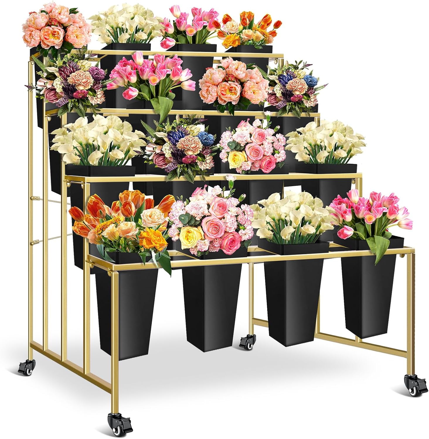 Flower Display Stand with Buckets, 4 Layers Flower Cart Display Stand ...