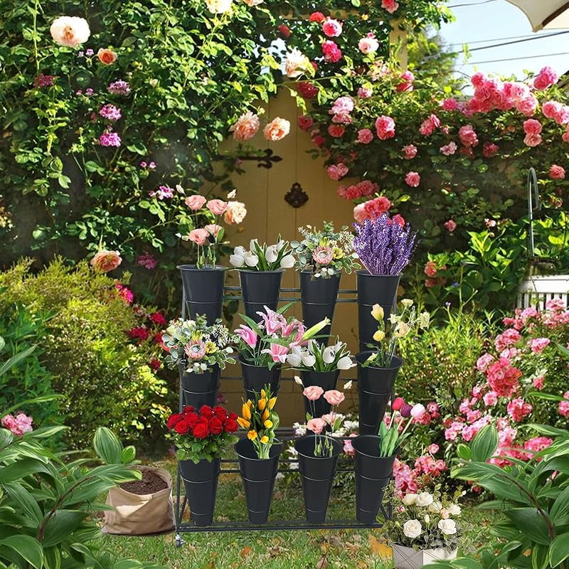 Flower Display Stand with Buckets, Flower Cart 3 Layers Flower Display ...