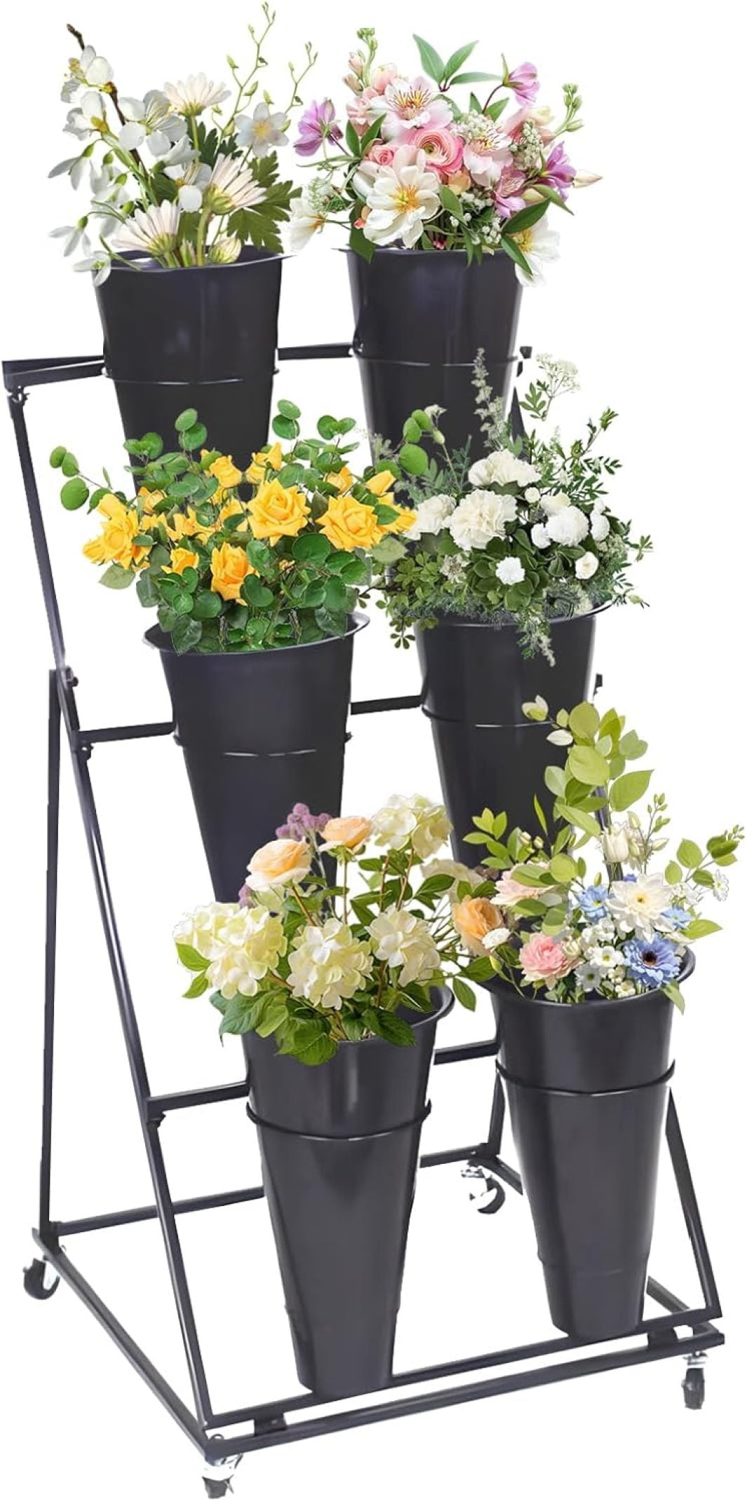 Flower Display Stand with Buckets, Metal Flower Bar Stand with Wheels ...