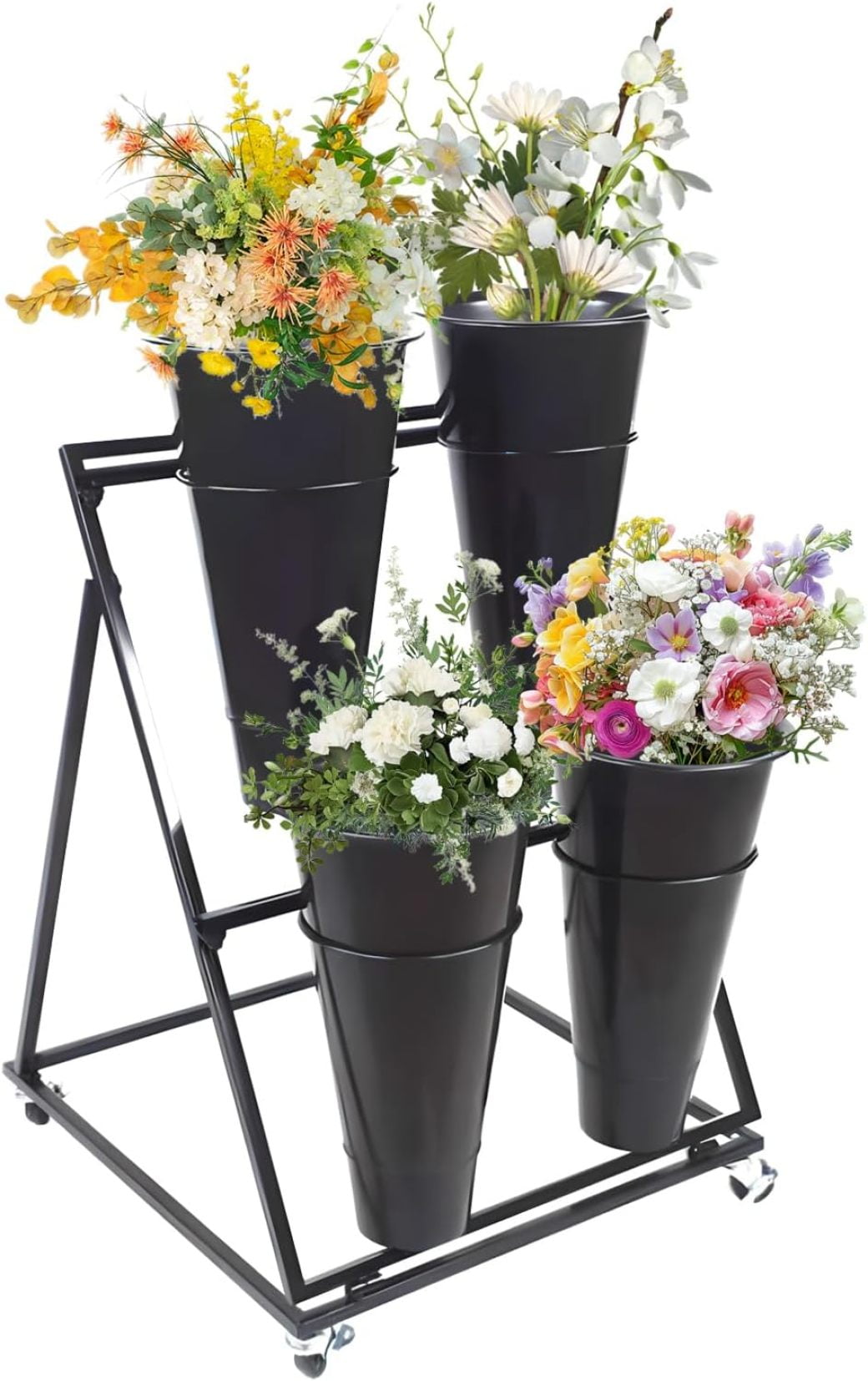 Flower Display Stand with Buckets, Metal Flower Bar Stand with Wheels ...