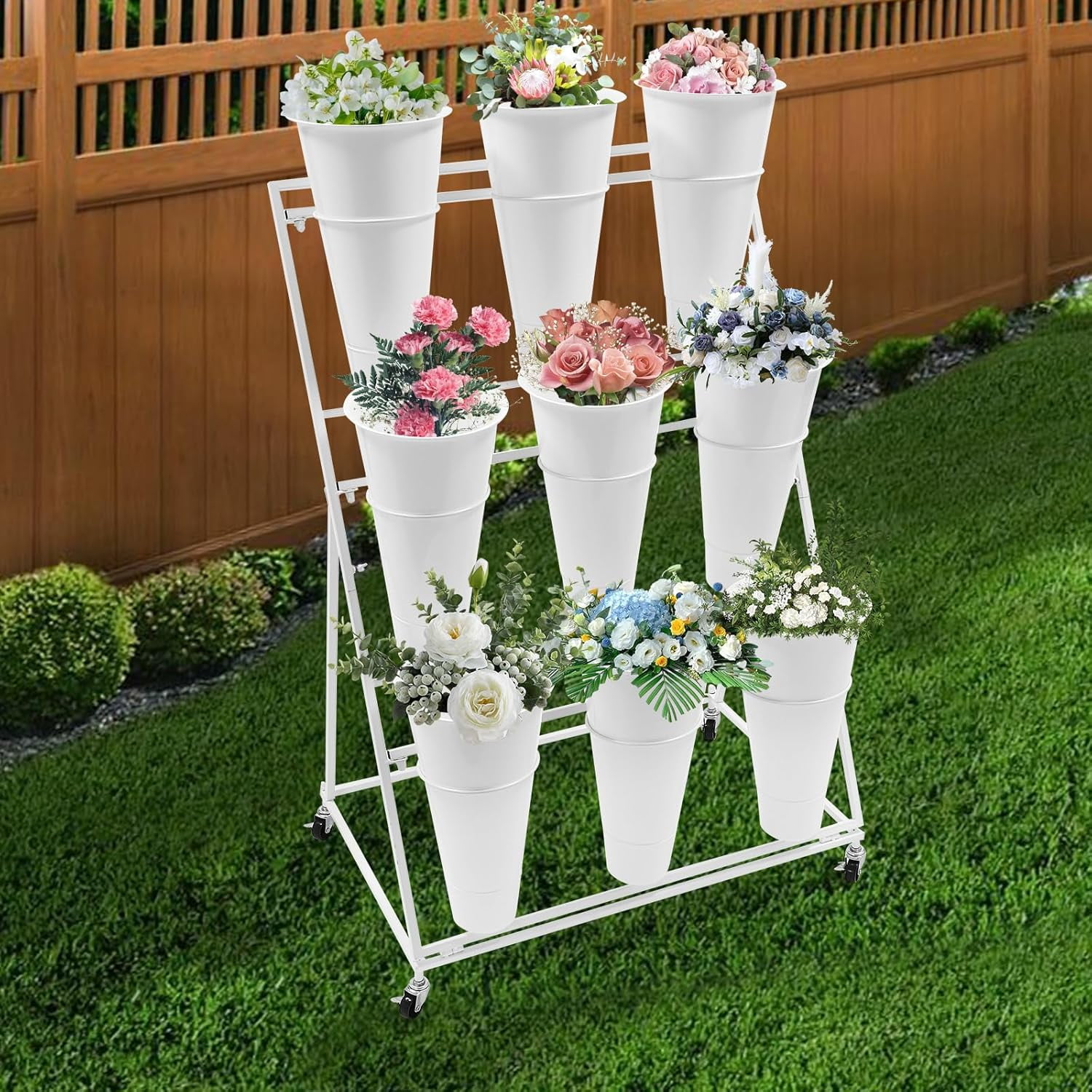 Flower Display Stand with Buckets Metal Flower Holder with Wheels Heavy ...
