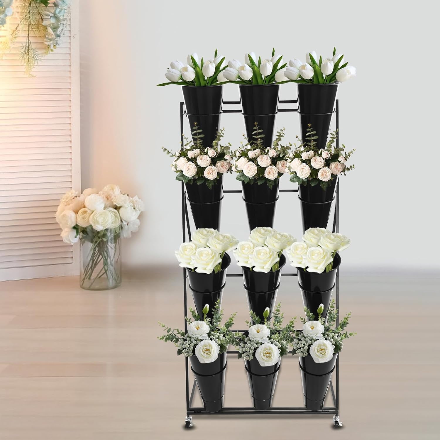 Flower Display Stand with Buckets Metal Flower Holder with Wheels Heavy ...