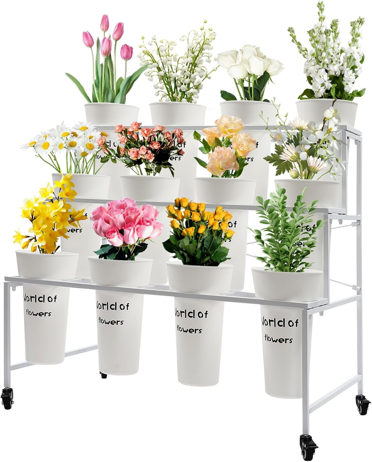 Flower Display Stand with Buckets Tier Flower Cart Display Stand Metal ...
