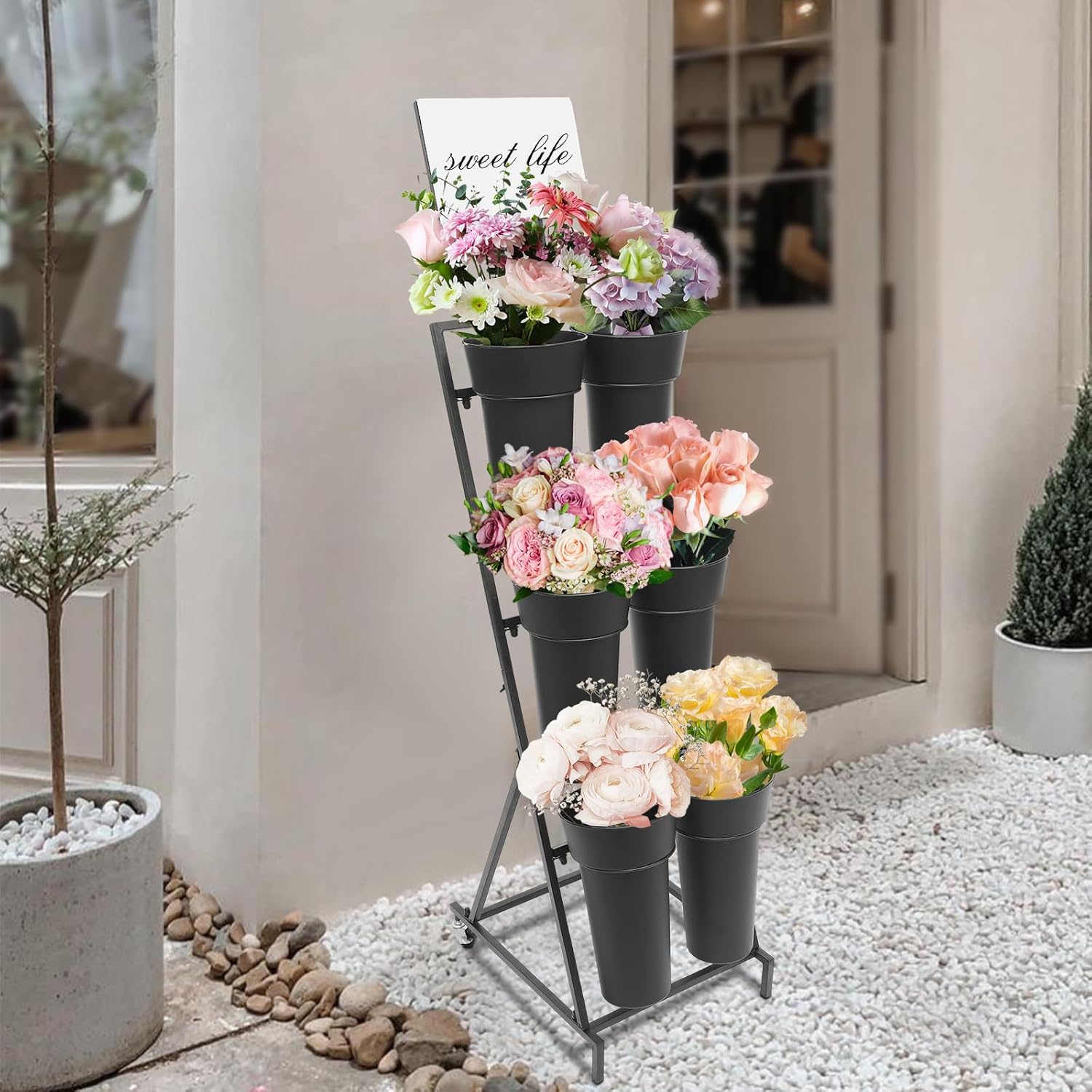 Flower Display Stand with Buckets Tier Flower Cart Display Stand Metal ...