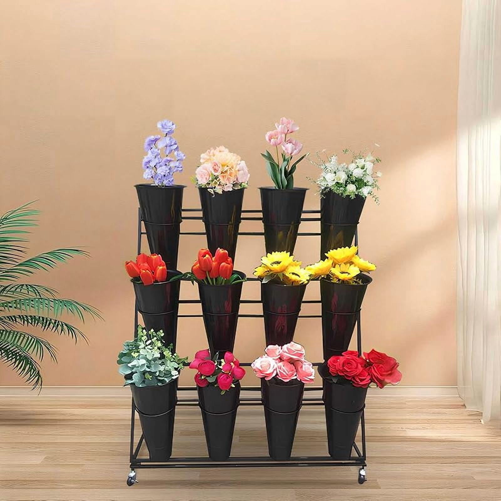 Flower Display Stand Indoor with Wheels, 3 Layers Plant Cart with 12PCS ...