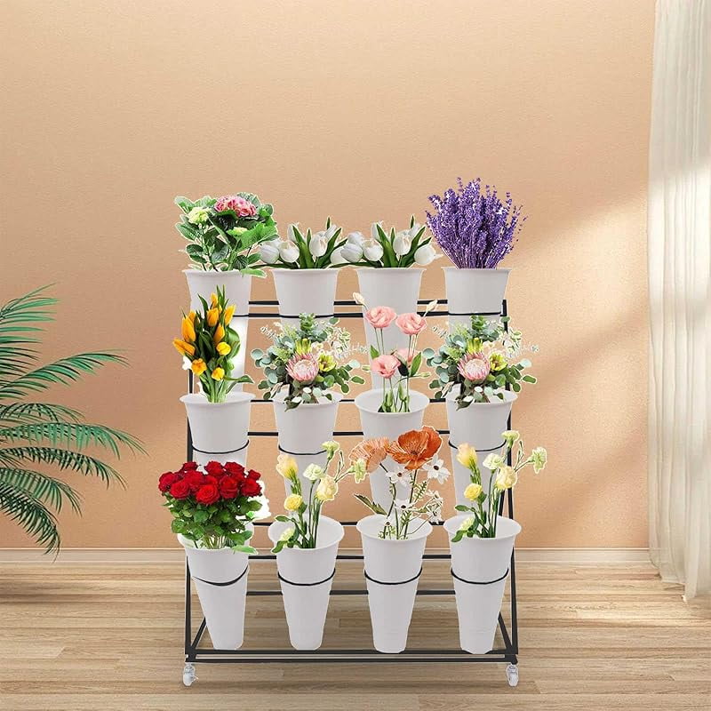 Flower Display Stand Indoor with Wheels, 3 Layers Plant Cart with 12PCS ...