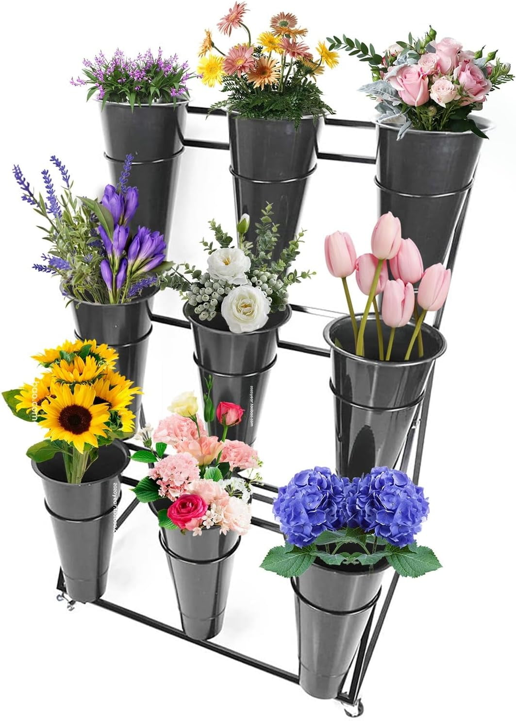 Flower Display Stand, Metal Plant Stand with Buckets, Heavy Duty Moving ...