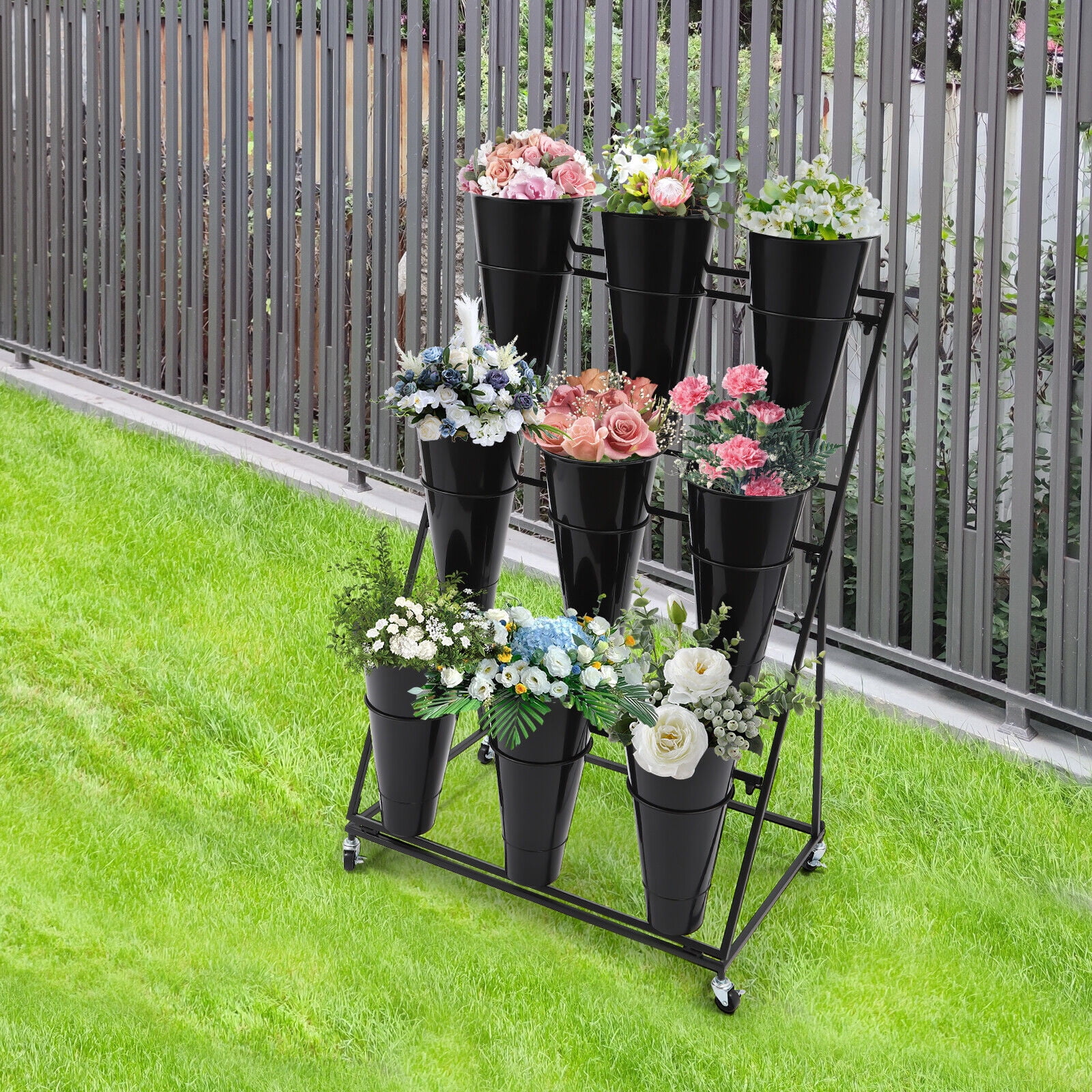 Flower Display Stand Plant Rack W/ Buckets Metal Mobile Florist Bouquet ...