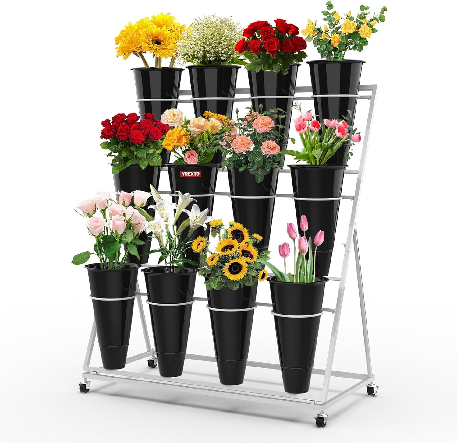 Flower Display Stand with Round Buckets, 3 Layers 12 PCS Buckets Stand ...