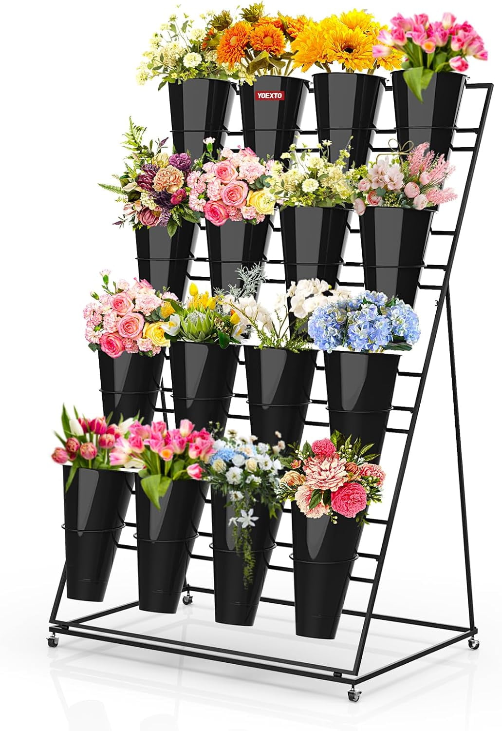 Flower Display Stand with Round Buckets, 4 Layers 16 PCS Buckets Plant ...