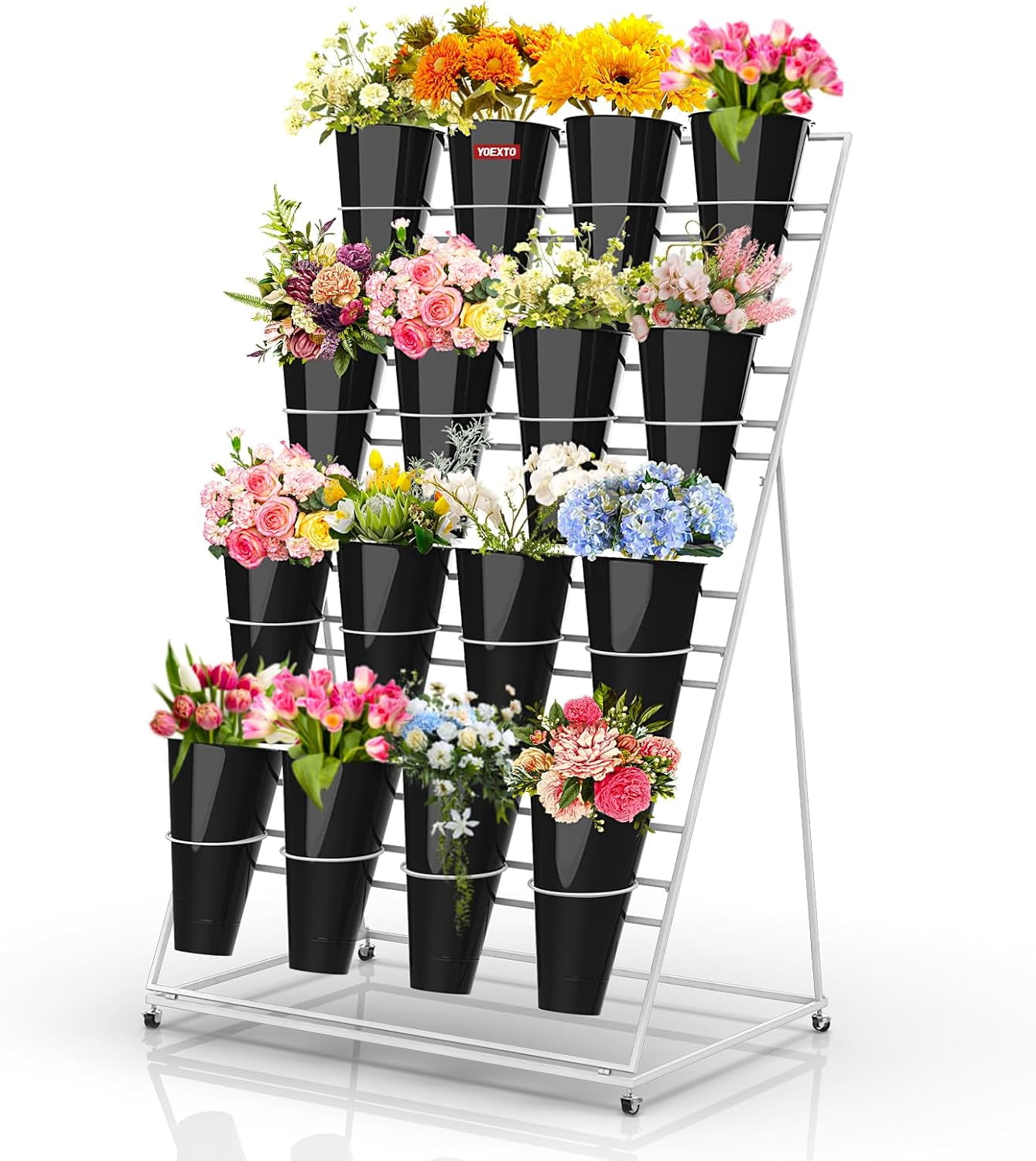 Flower Display Stand with Round Buckets, 4 Layers 16 PCS Buckets Plant ...