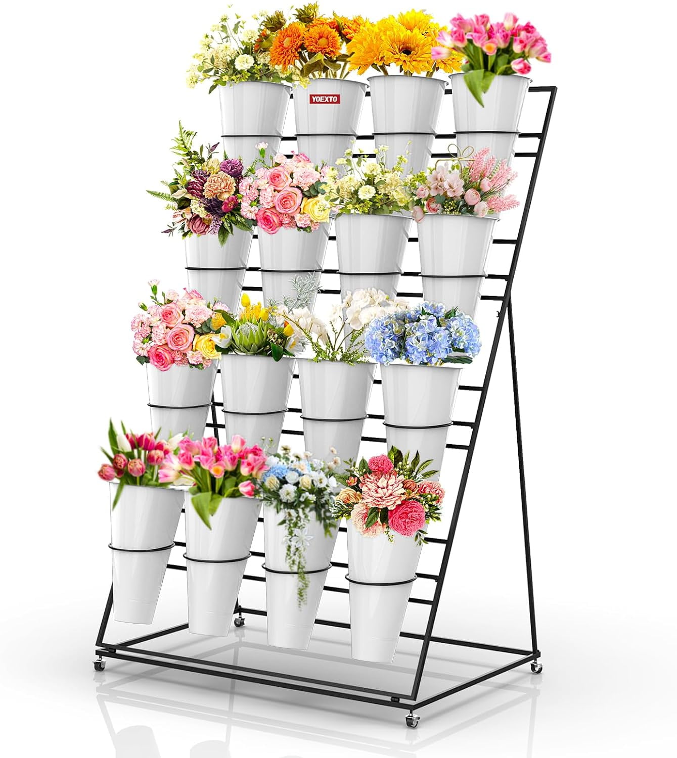 Flower Display Stand with Round Buckets, 4 Layers 16 PCS Buckets Plant ...
