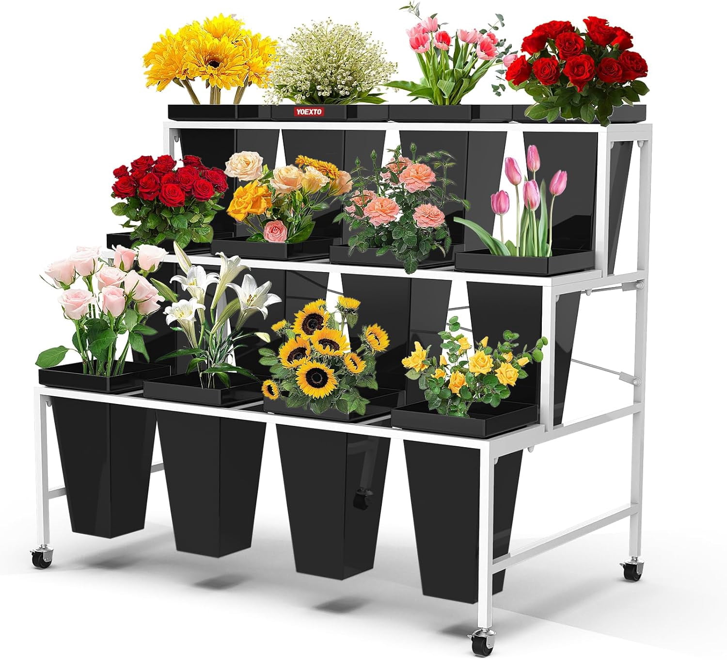 Flower Display Stand with Square Buckets, 3 Layers 12 PCS Buckets Plant ...