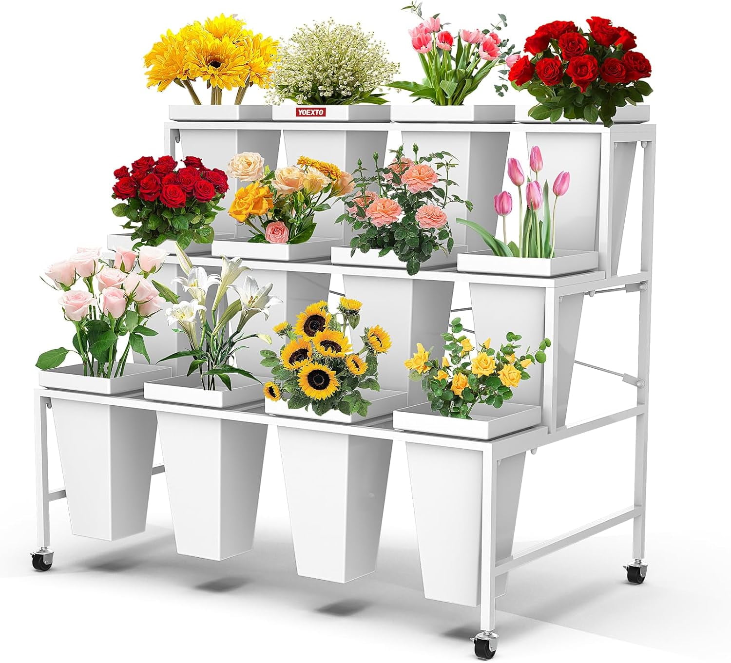 Flower Display Stand with Square Buckets, 3 Layers 12 PCS Buckets Stand ...