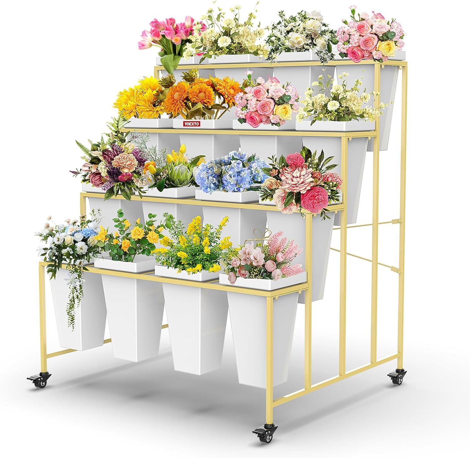 Flower Display Stand with Square Buckets, 4 Layers 16 PCS Buckets Plant ...