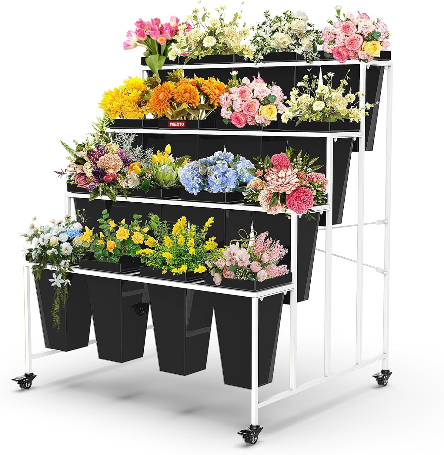 Flower Display Stand with Square Buckets, 4 Layers 16 PCS Buckets Stand ...