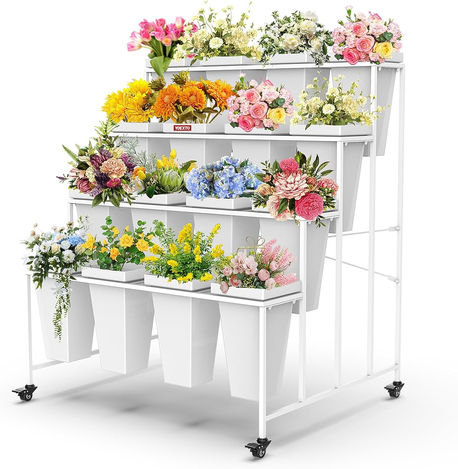Flower Display Stand with Square Buckets, 4 Layers 16 PCS Buckets Stand ...