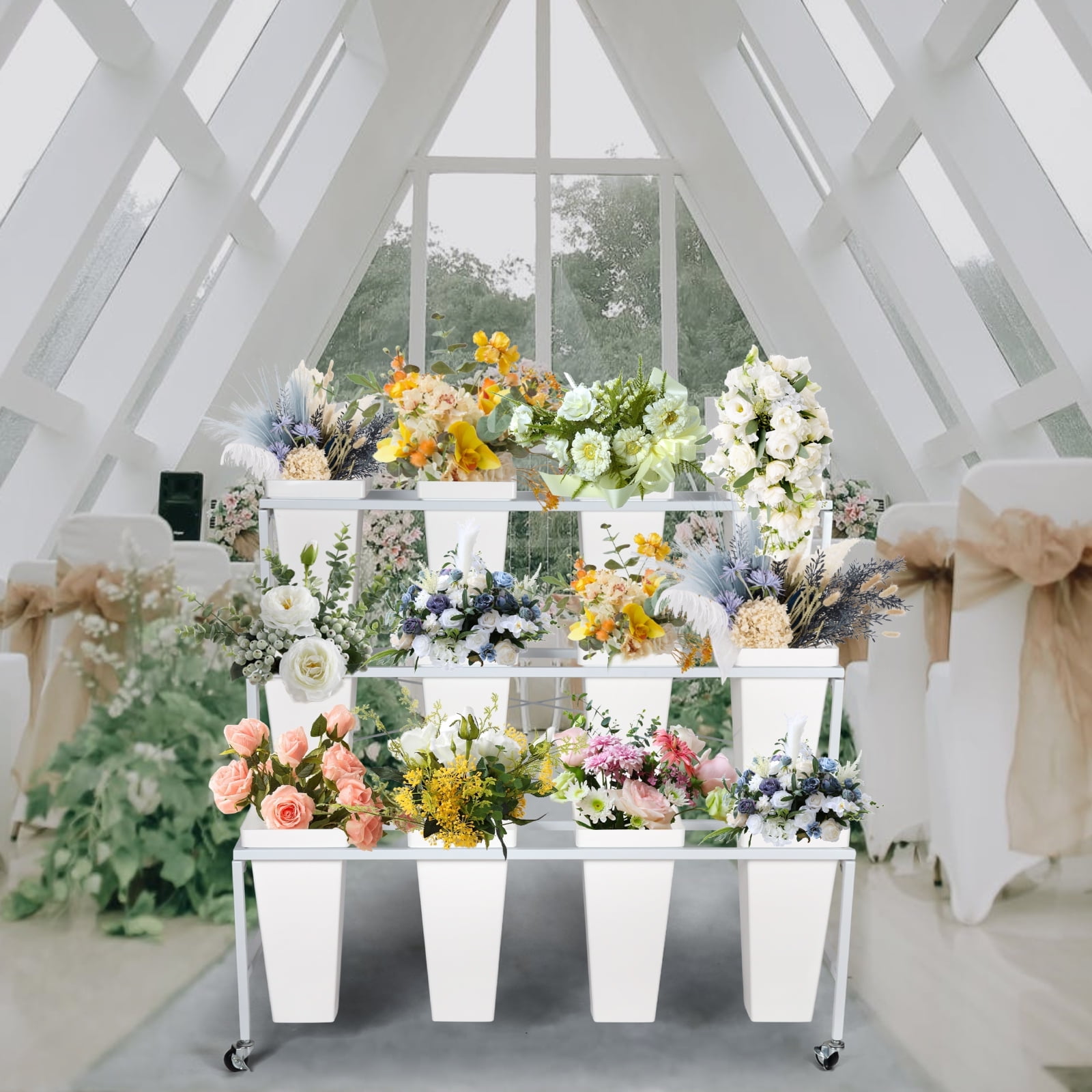 Flower Display Stand Tiered Shelf, 12 PCS White Buckets, Revolving, 39 ...