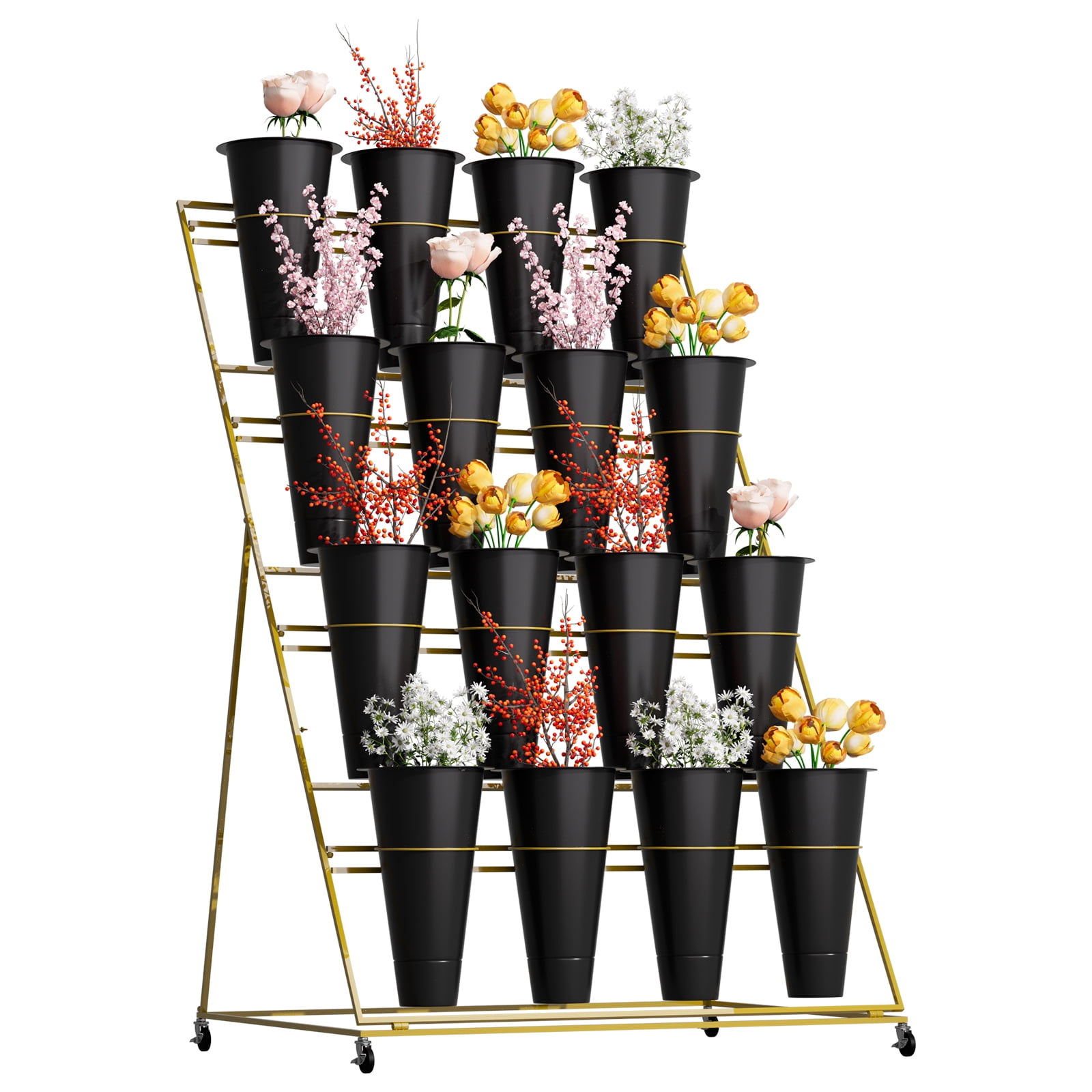 Flower Display Stand Tiered Shelf, 16 Black Buckets, 39.3x23.3x35.4 ...