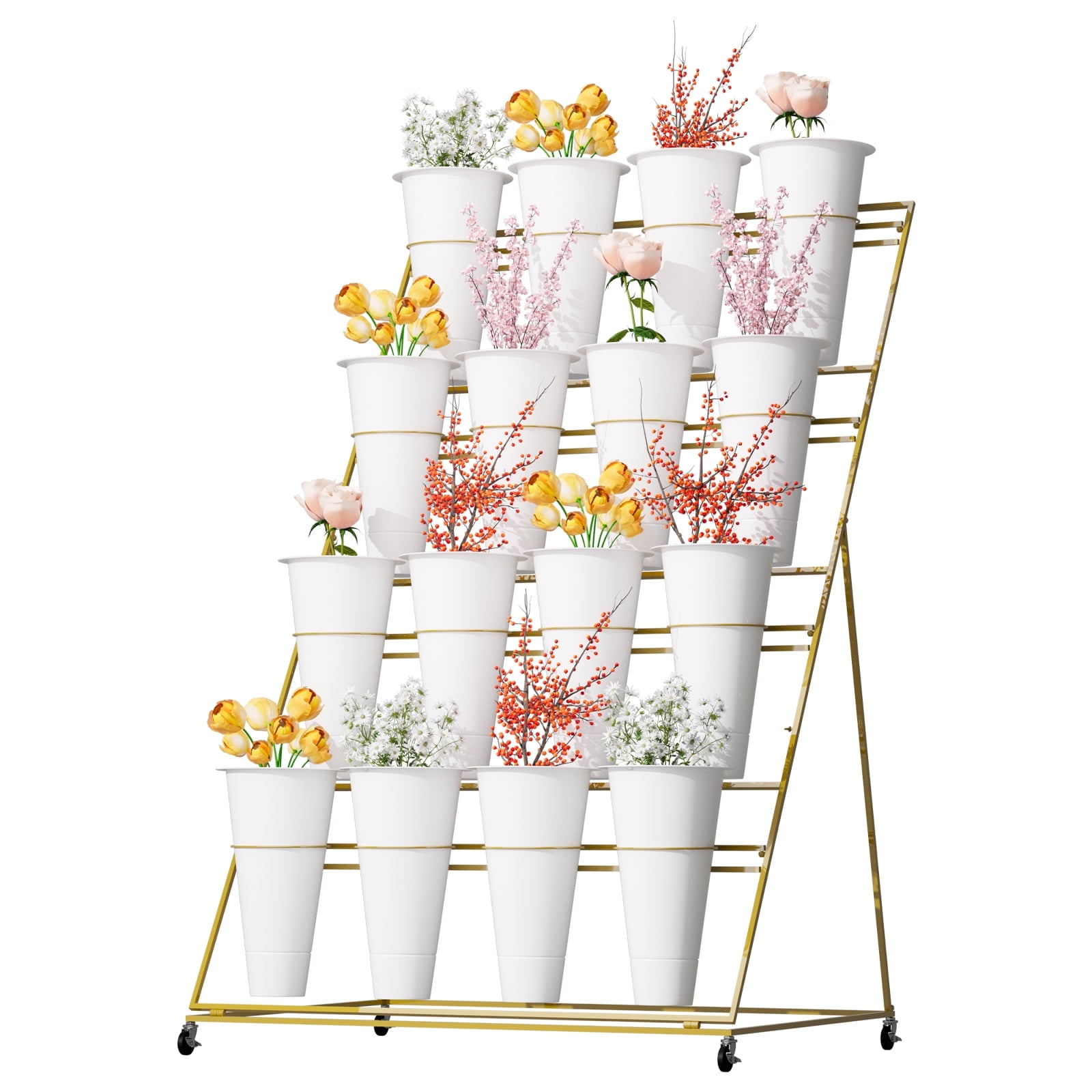 Flower Display Stand Tiered Shelf, 16 PCS White Buckets, Revolving ...