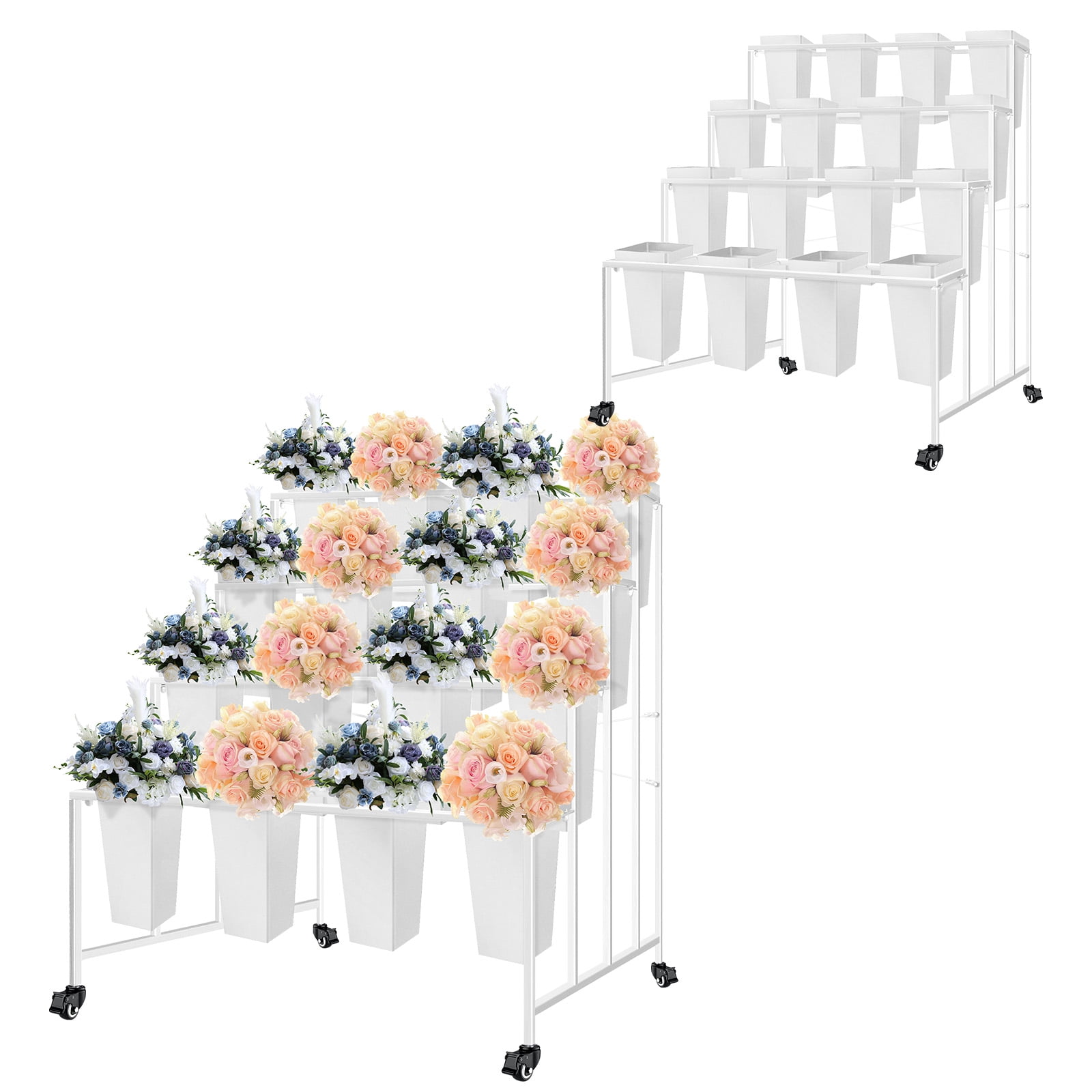 Flower Display Stand Tiered Shelf, 16 White Buckets, Revolving, Metal ...
