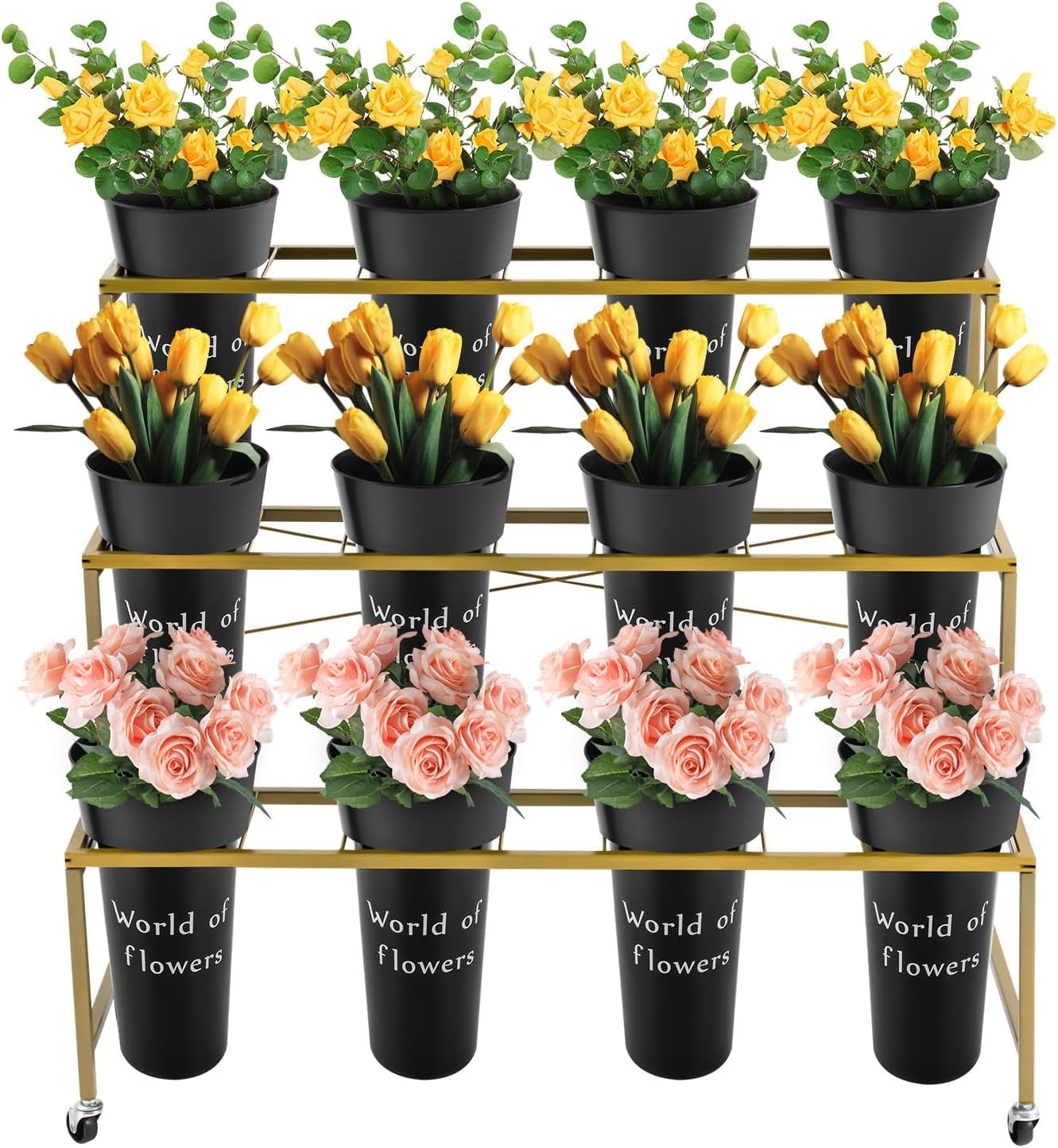 Flower Display Stand W/ 12PCS Buckets, 3 Layers Metal Stand W/ Wheels ...