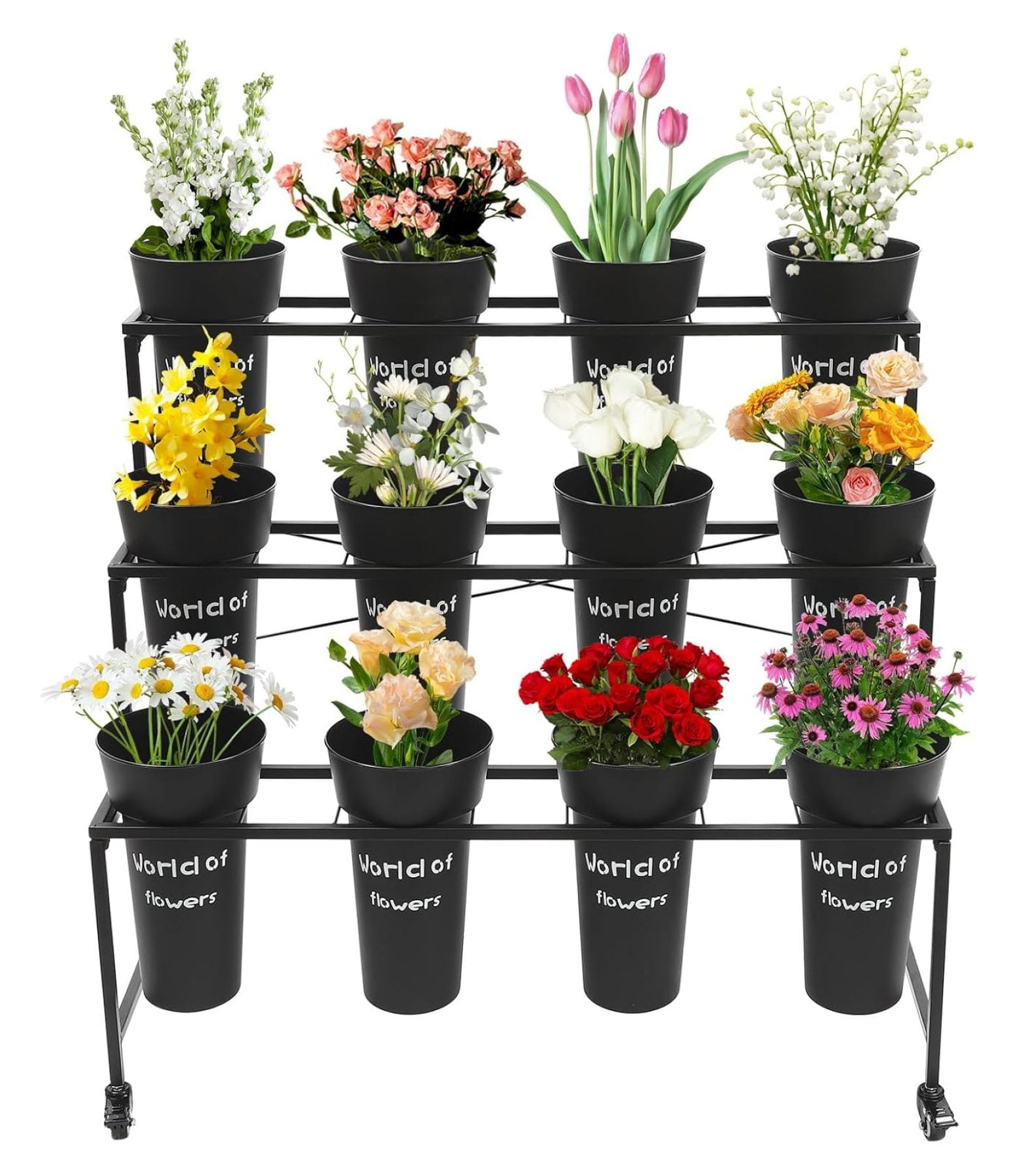 Flower Display Stand with Wheels, 3 Layers Flower Stand Shelf With 12PCS Buckets, Heavy Duty ...