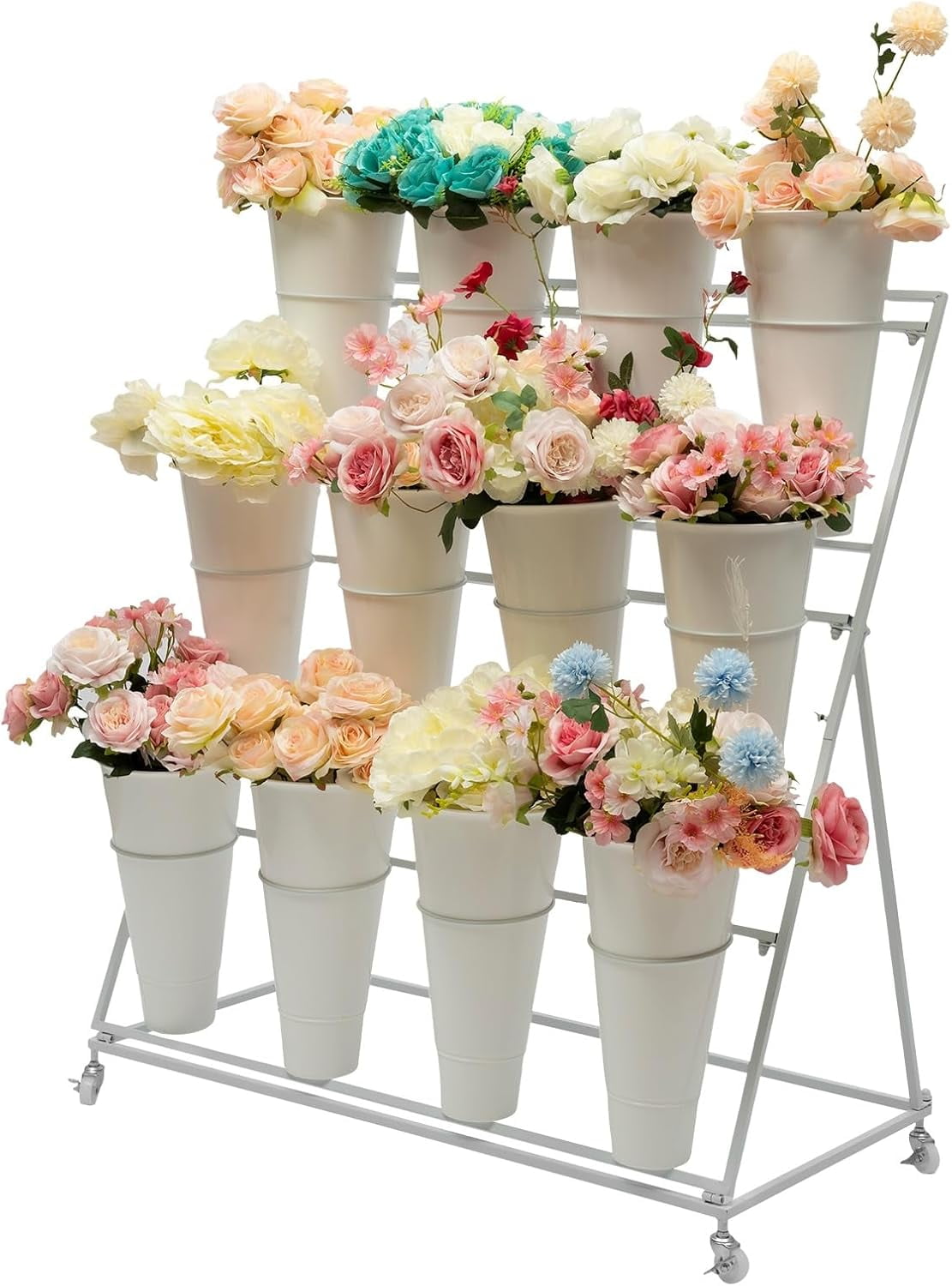 Flower Display Stand With Wheels, 3 Layers Plant Cart w/ 12Pcs Buckets ...