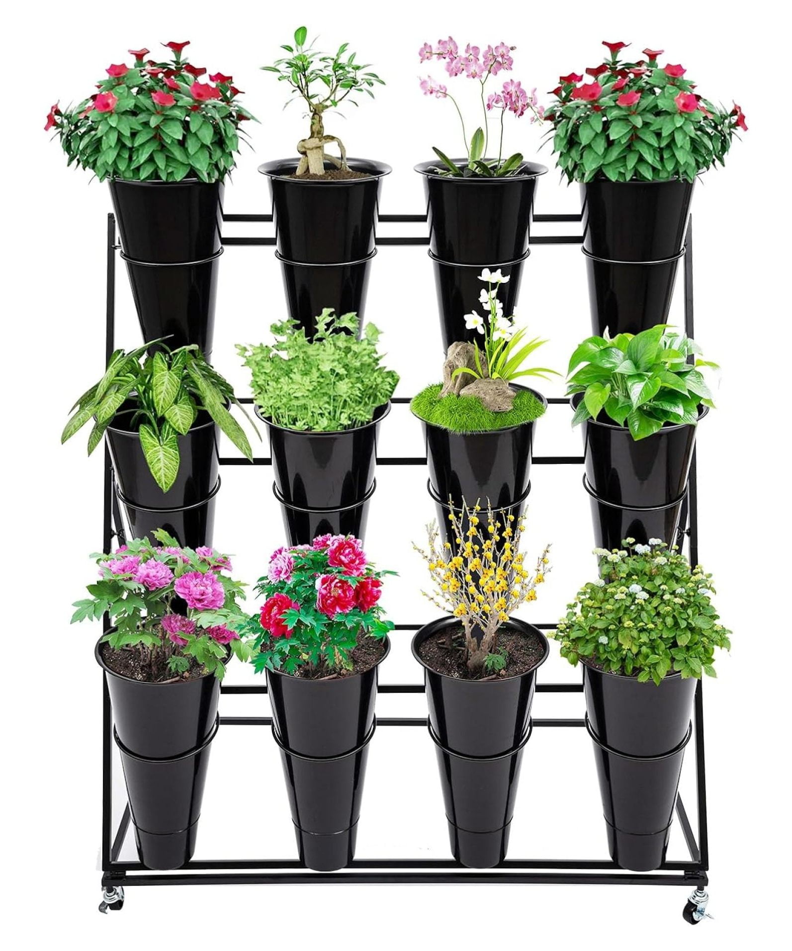 Flower Stand With 12PCS Buckets, 3 Layers Metal Plant Stand with Wheels ...