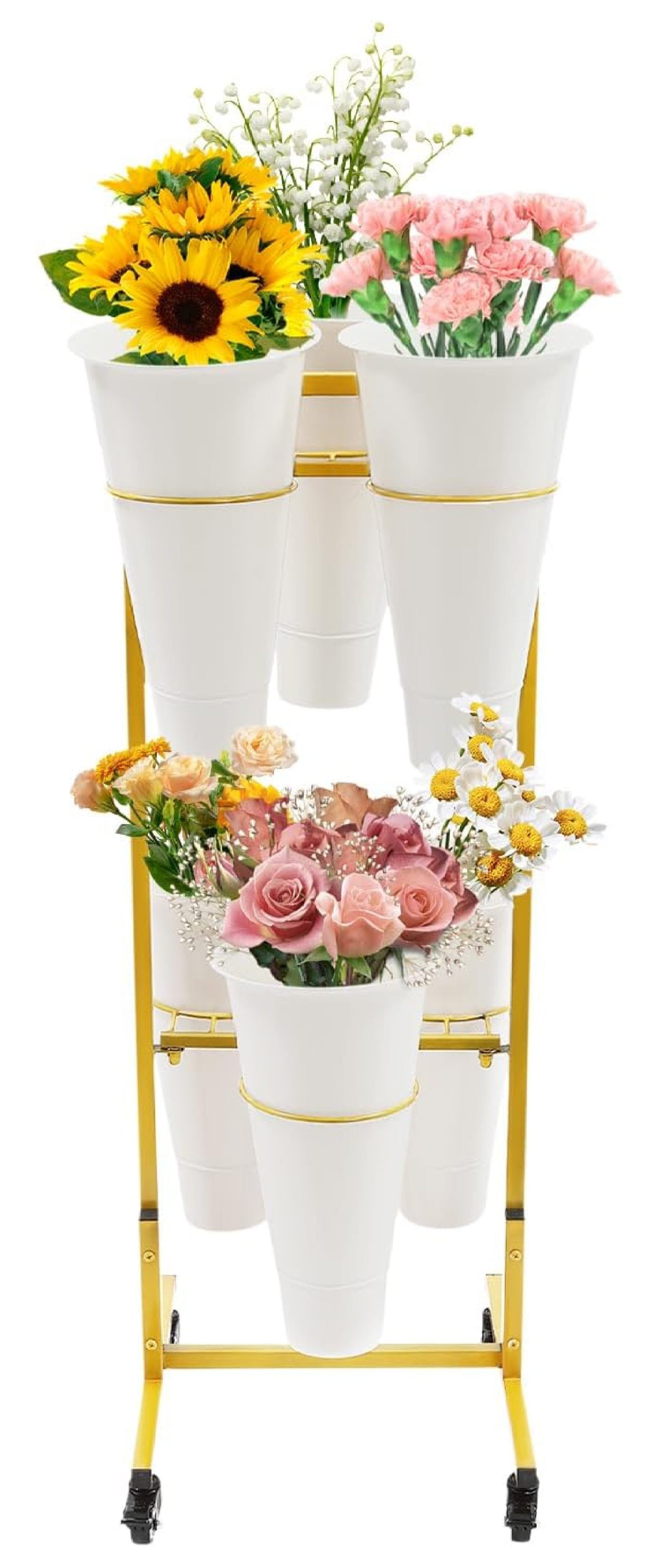 Flower Display Stand w/6pcs Buckets, 2 Layers Florist Bouquet Shelf ...