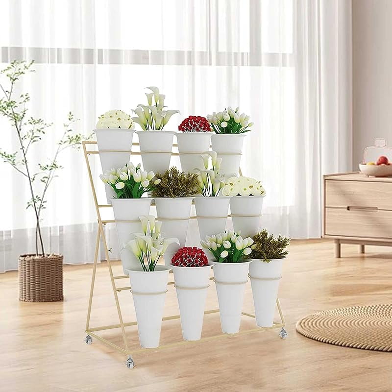 Flower Display Stand with 12 Buckets, 3 Layers Heavy Duty Moving Plant ...