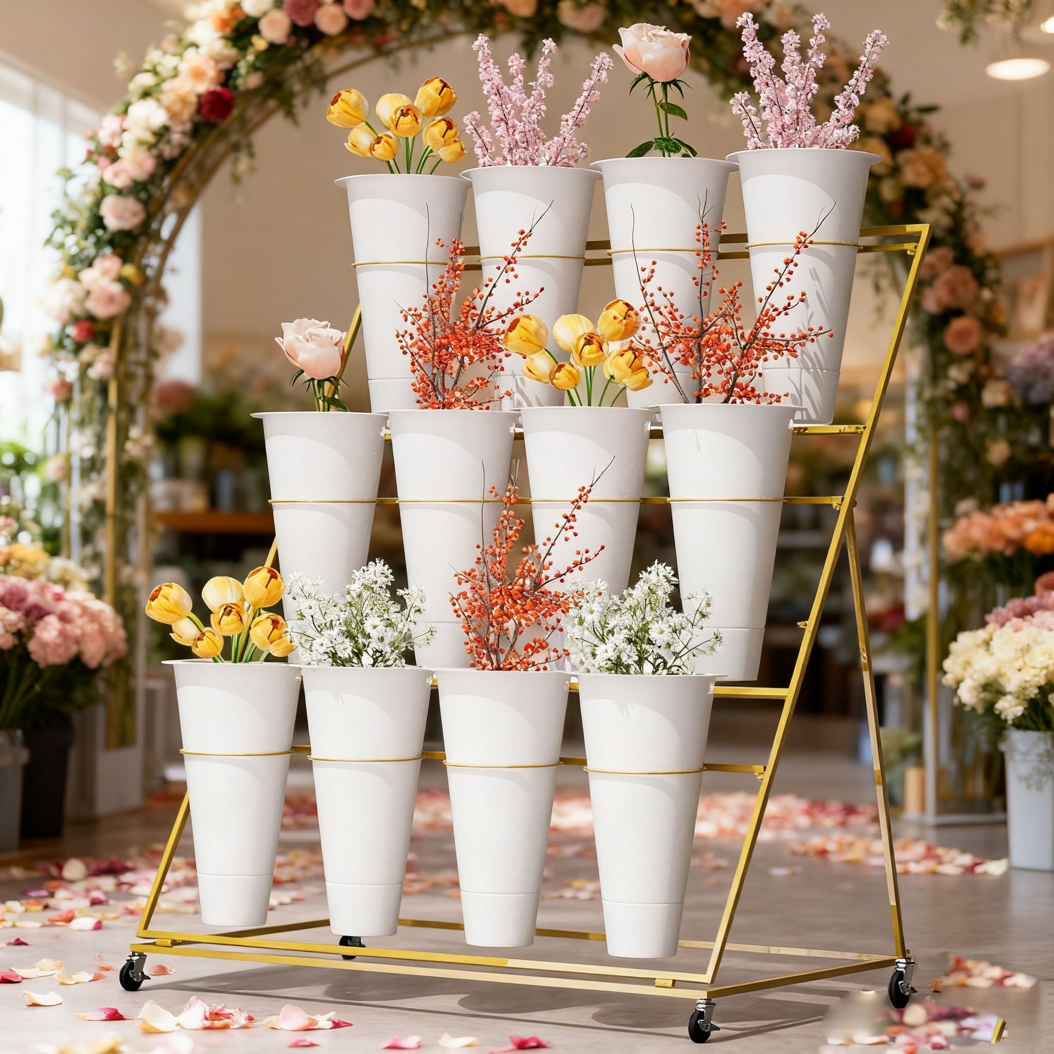 Flower Display Stand with 12 Buckets, Florist Bouquet Shelf with Wheels ...