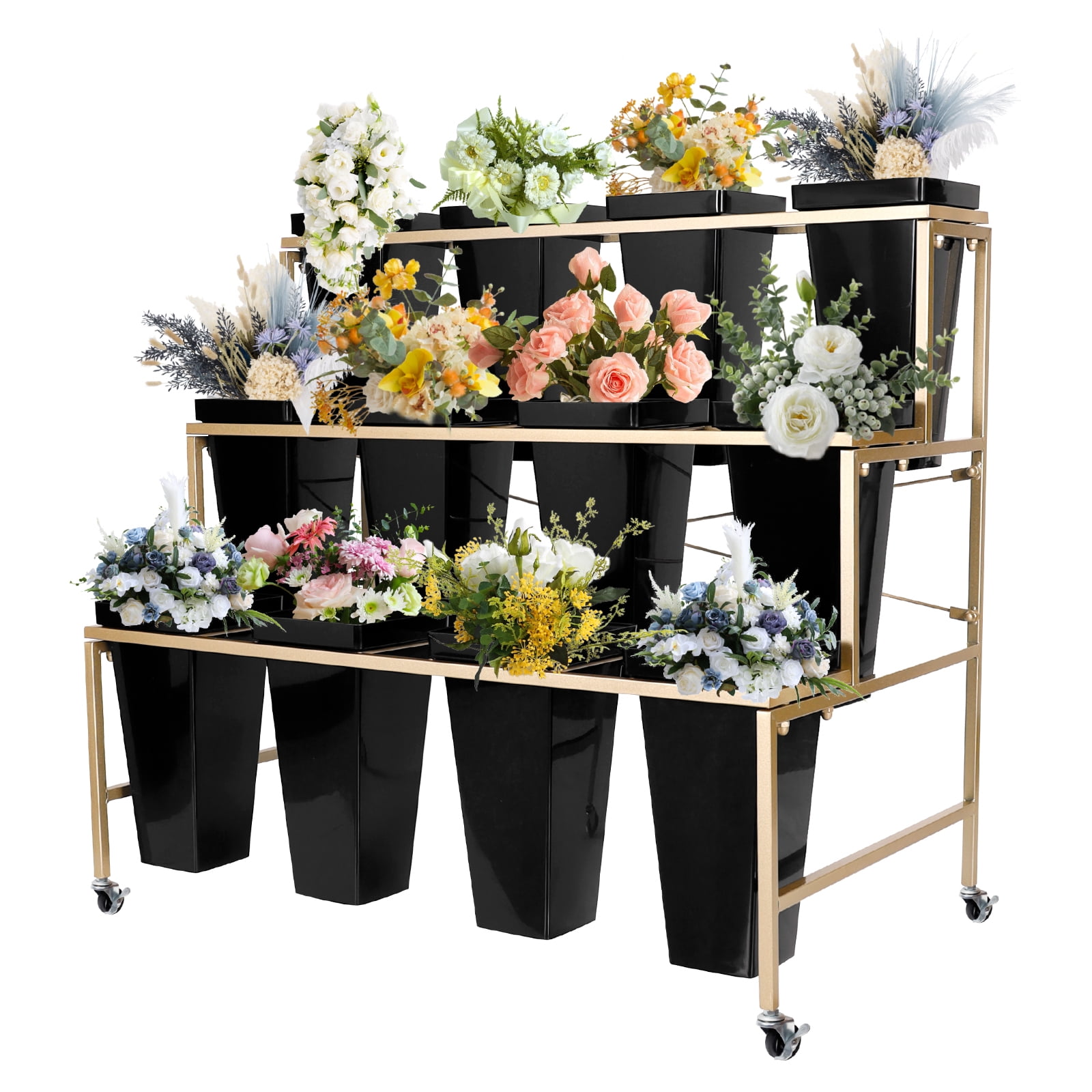 Flower Display Stand with 12 Buckets, Flower Cart 3 Layers, Flower ...