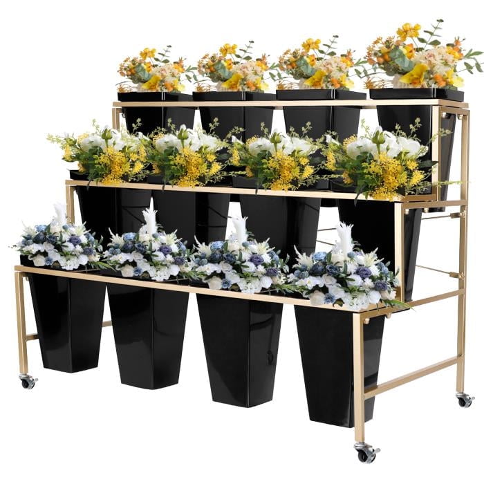 Flower Display Stand with 12Pcs Buckets, 3 Layers Plant Cart with ...