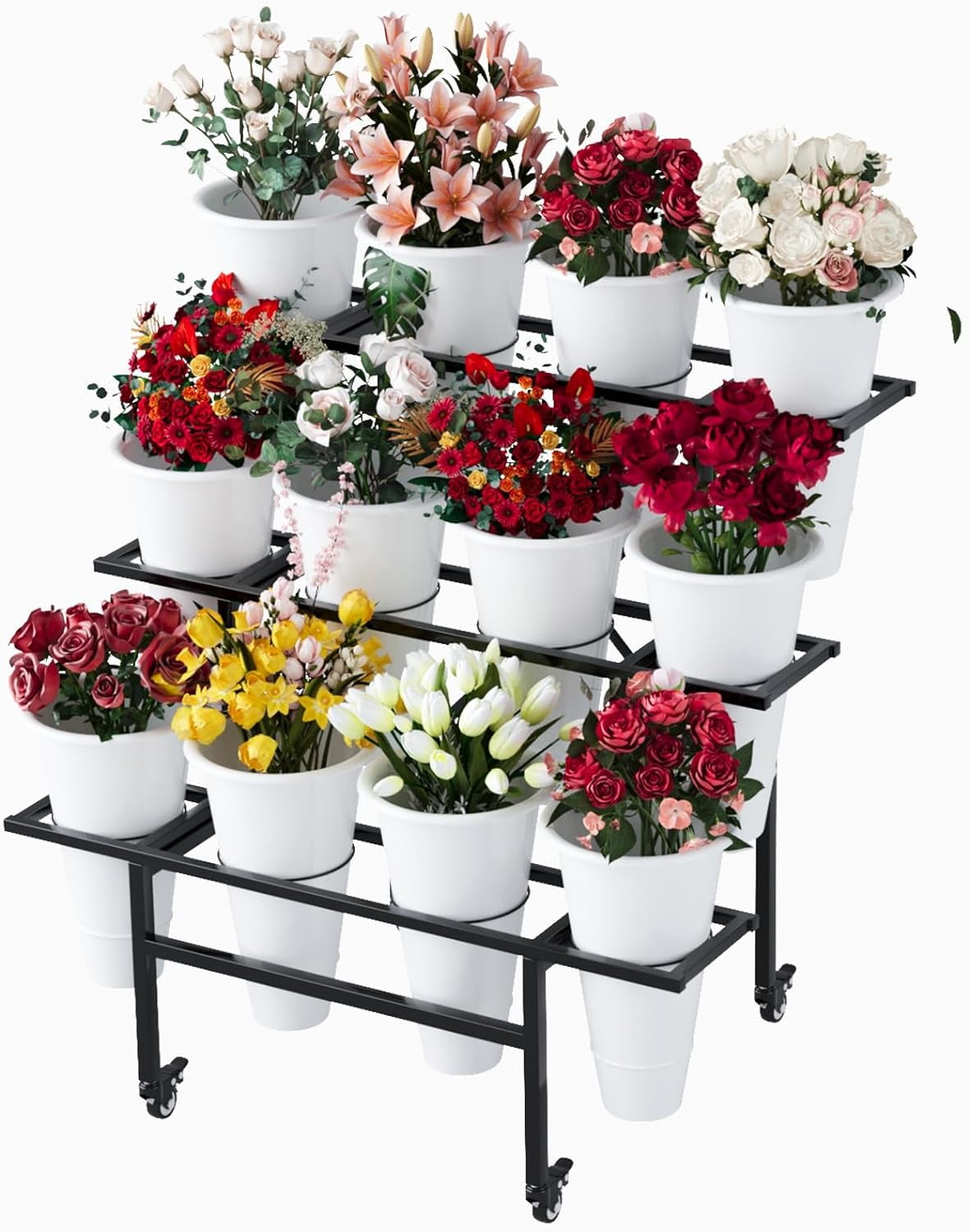 Flower Display Stand with 12pcs White Plastic Buckets for Fresh Flowers Heavy Duty Garden Cart ...