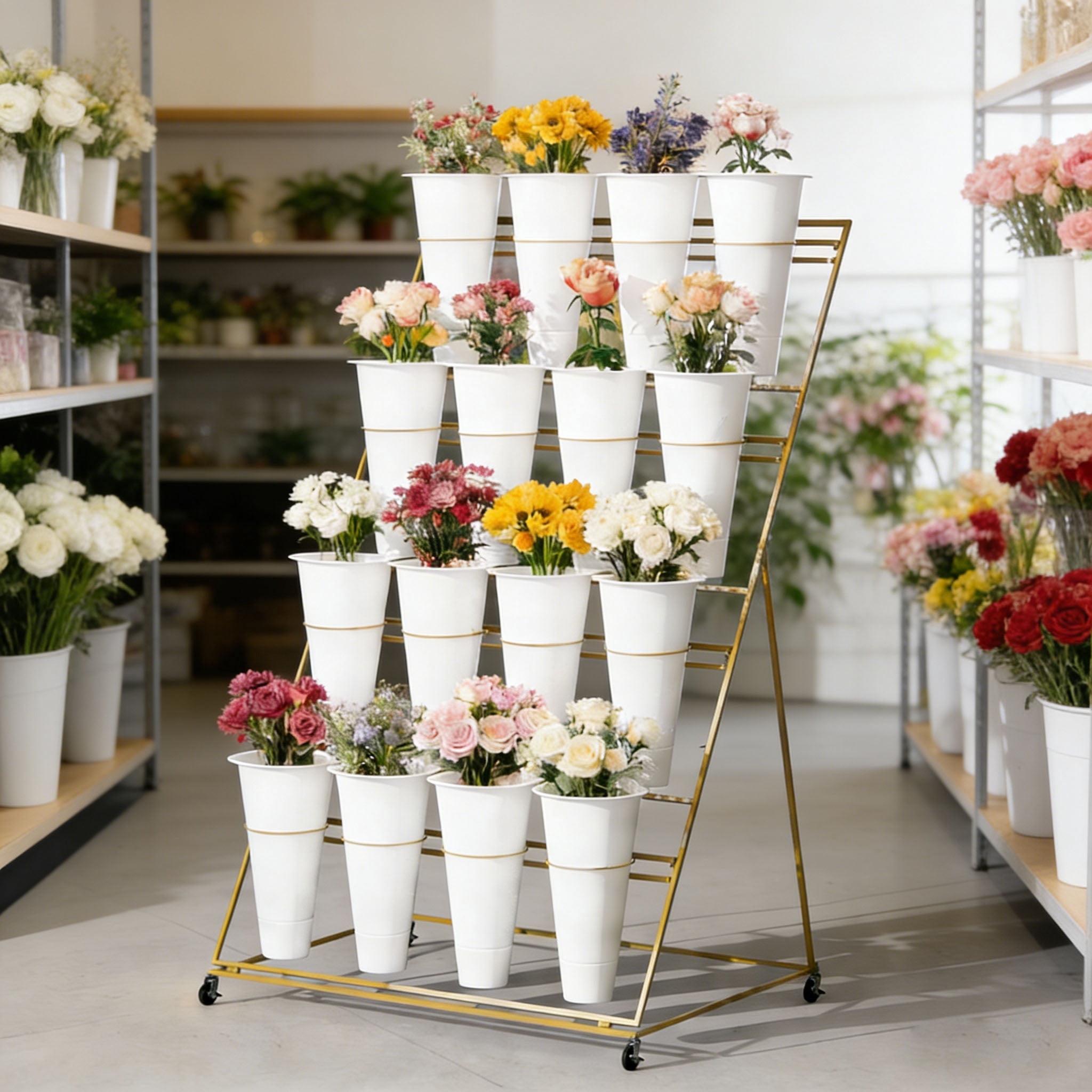 Flower Display Stand with 16 White Buckets,4 Tier Flower Cart,Floral ...
