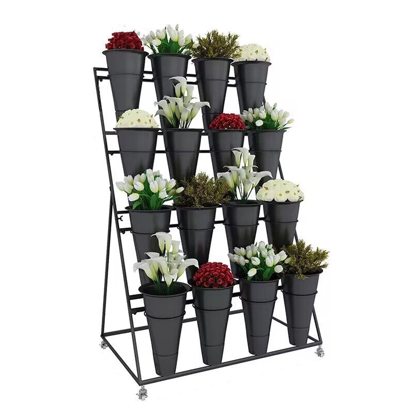 Flower Display Stand with 16pcs Buckets, 4 Layers Metal Plant Shelf w ...