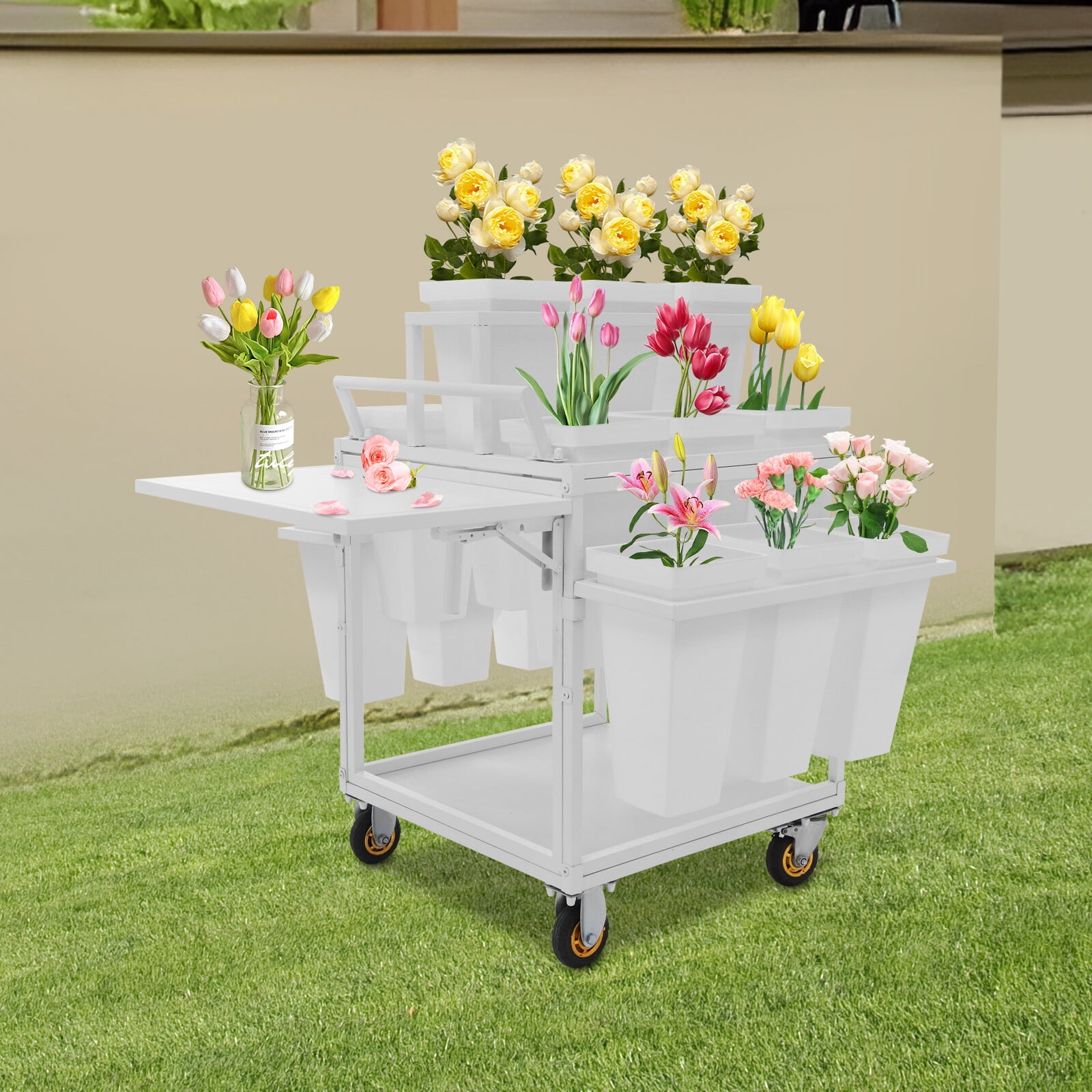 Flower Display Stand with 18 Buckets and Rolling Wheels for Easy ...
