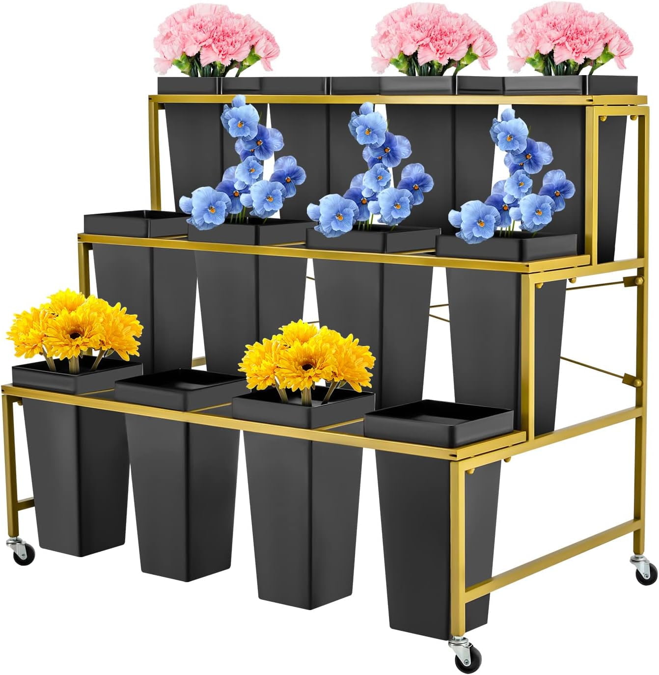 Flower Display Stands with 12 Buckets, 3 Layers Movable Display Stand ...