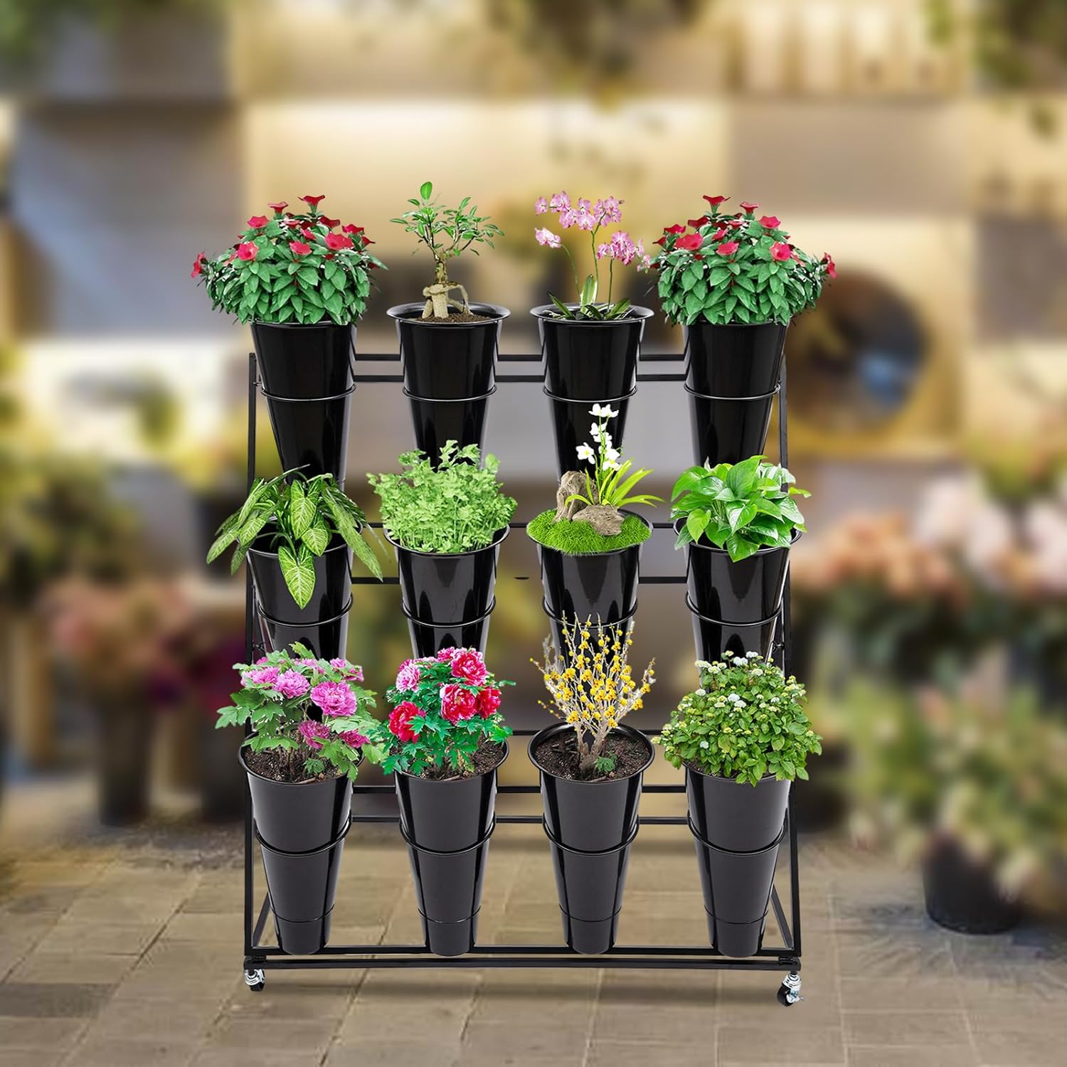Flower Display Stands with 12 Buckets, 3 Layers Movable Plant Display ...