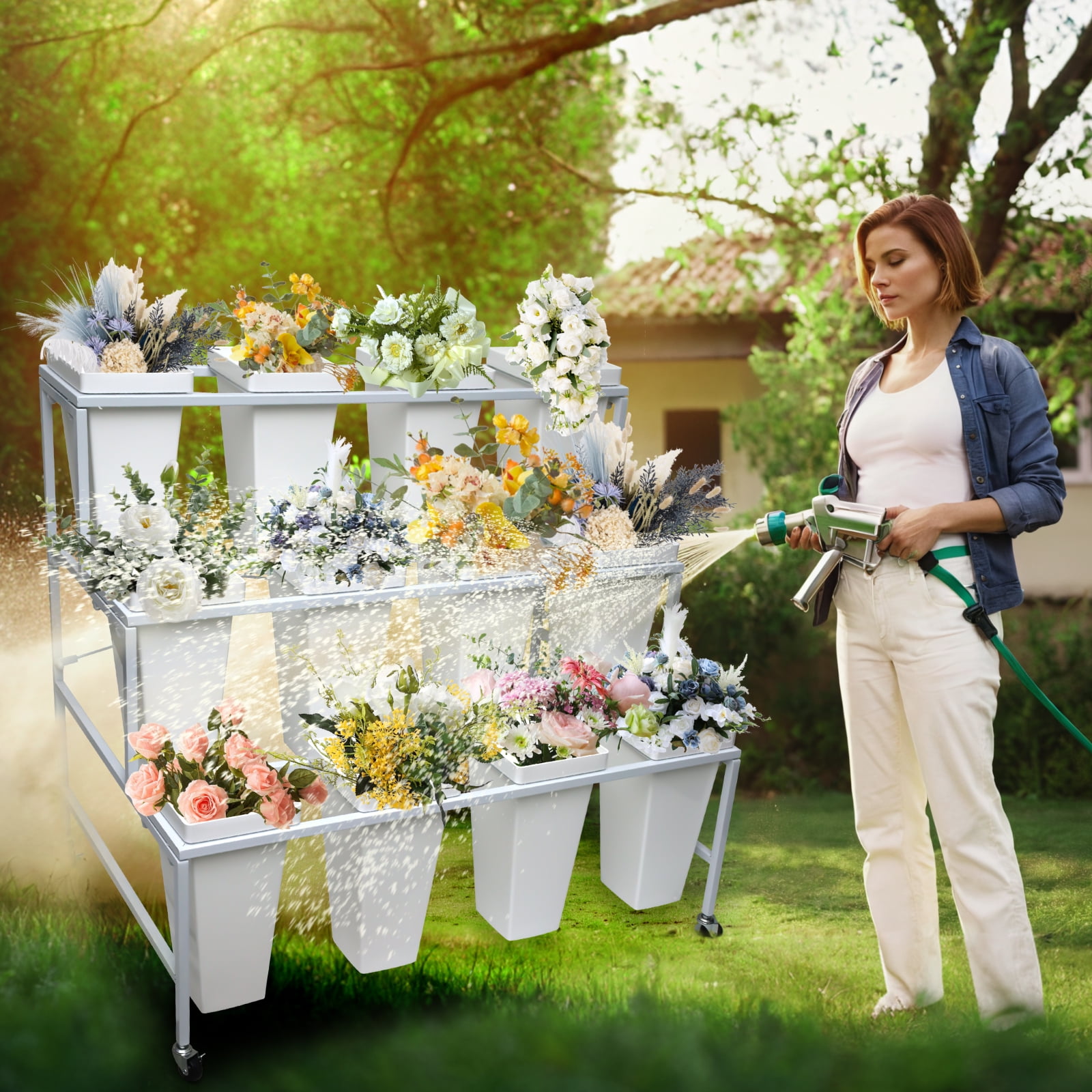 Flower Display Stands with Buckets, 3-Tier Rolling Plant Stand with ...