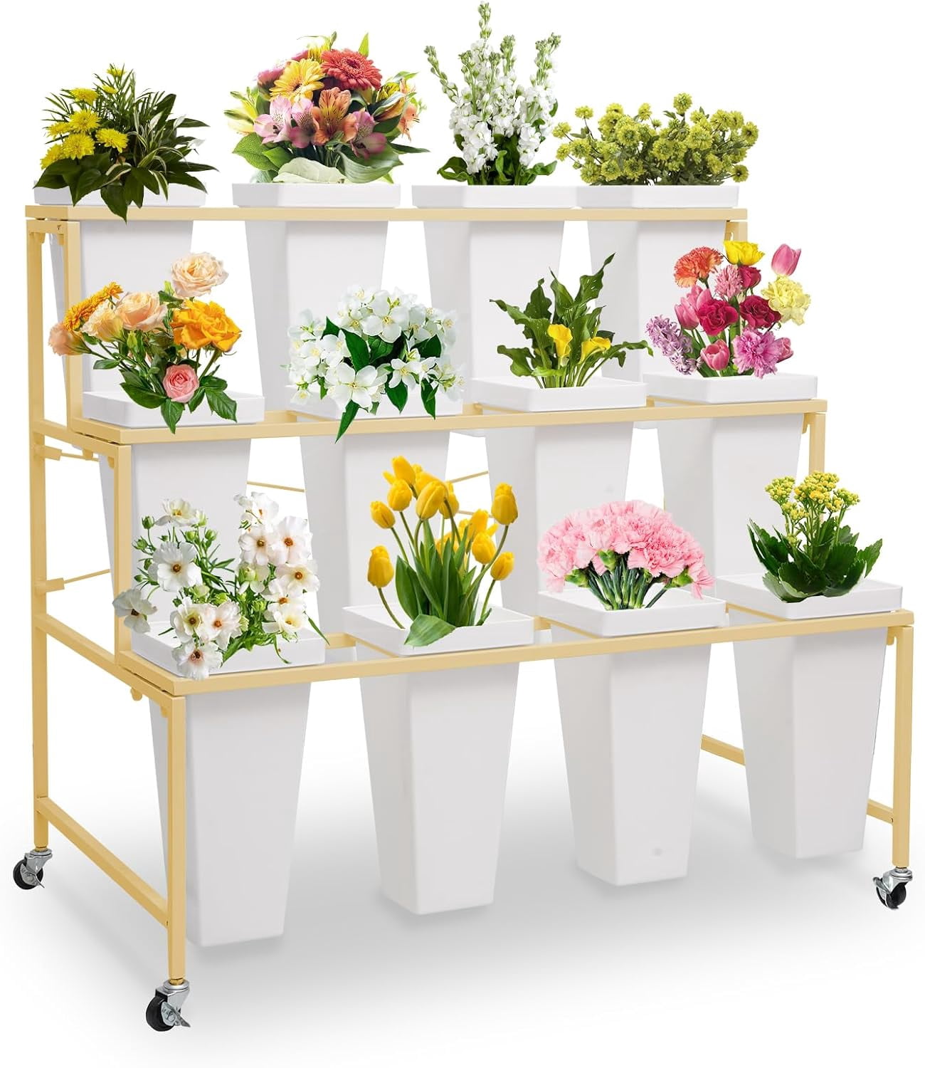 Flower Display Stands with Buckets 3-Tier Rolling Plant Stand with ...