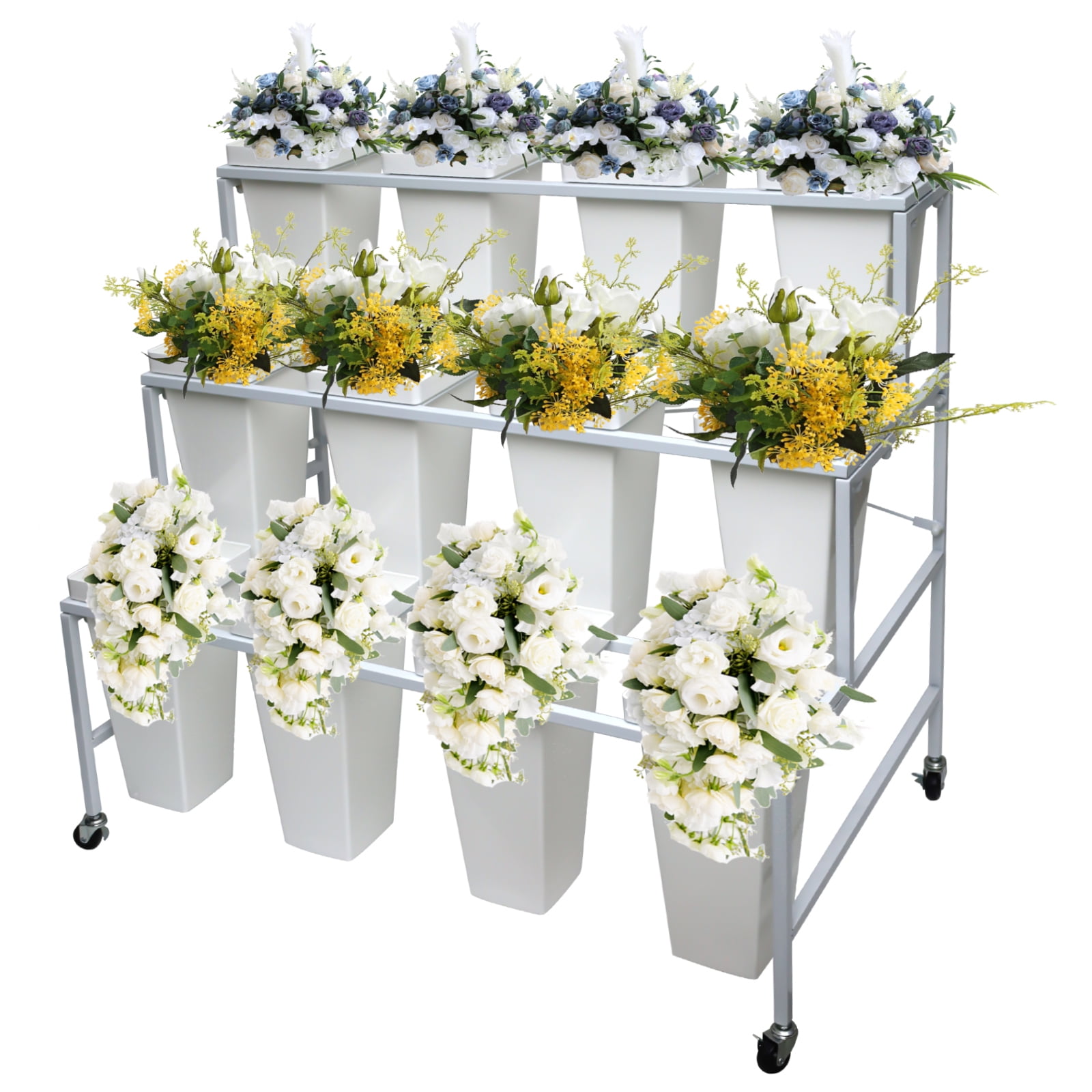 Flower Display with 12 White Buckets, 3-Layer Rolling Metal Stand, for ...